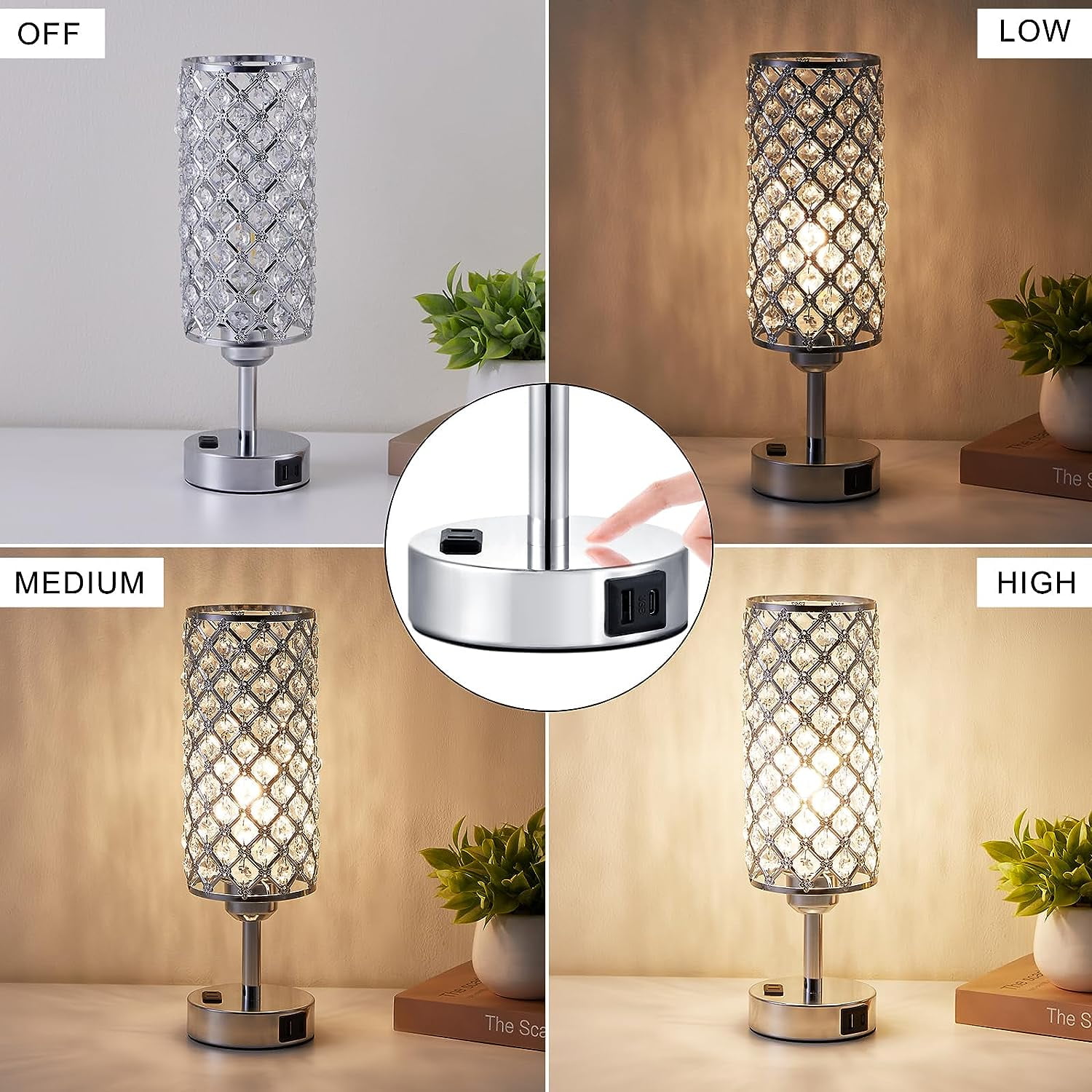 Crystal Lamp Touch Control Set of 2, Silver Crystal Table Lamps with ...