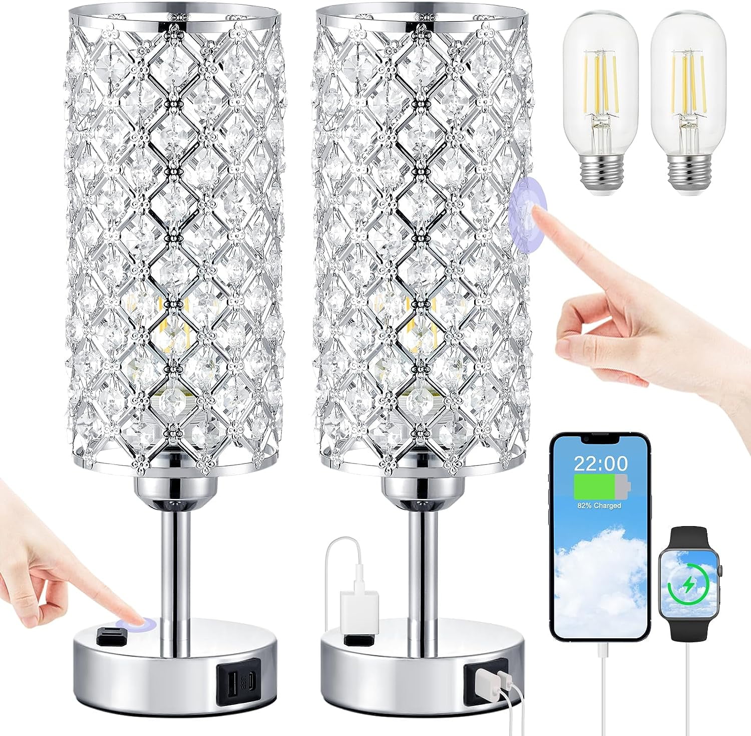 Crystal Lamp Touch Control Set of 2, Sliver Crystal Table Lamps with ...