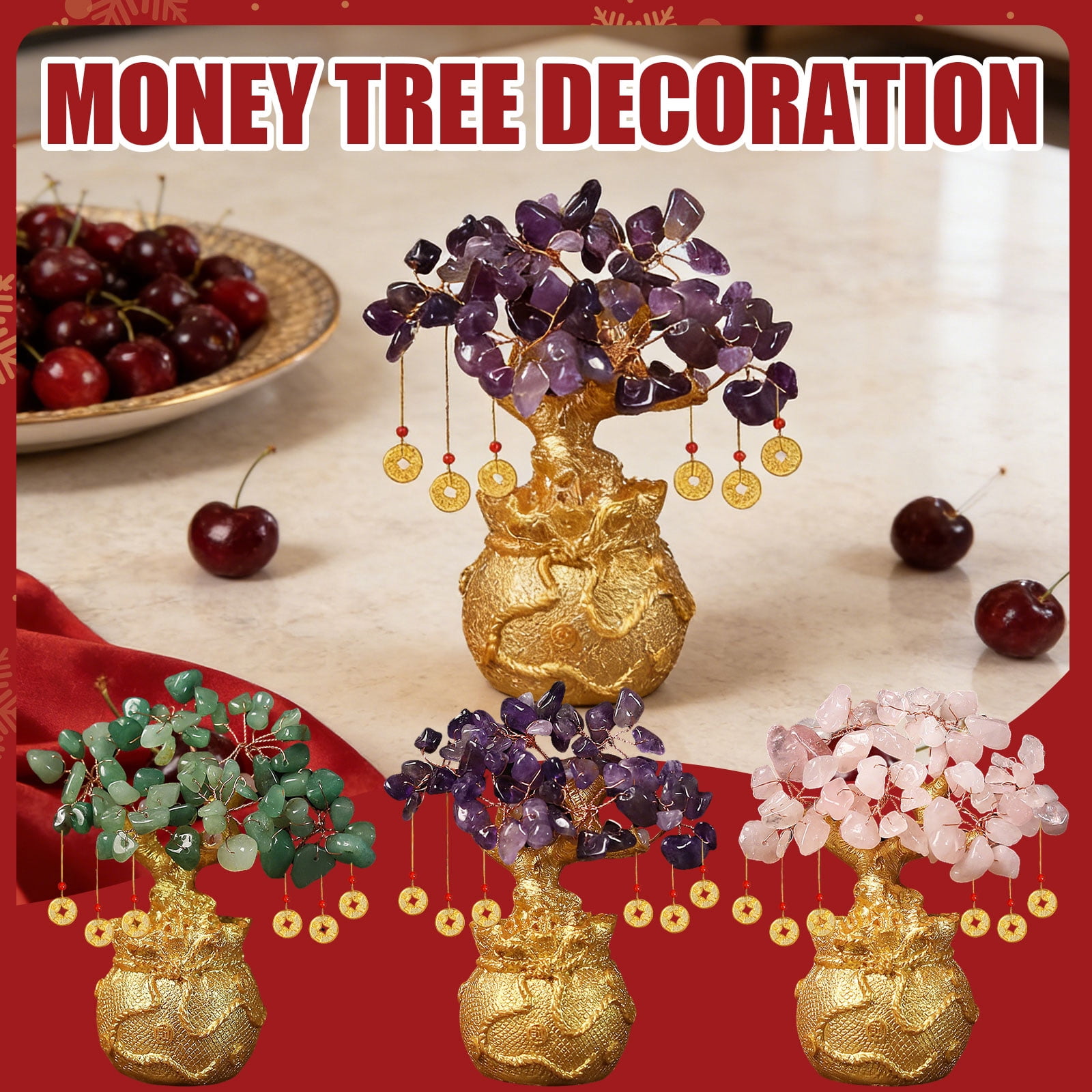 Crystal Money Tree Ornament with Gemstone Leaves and Gold Tone Resin ...