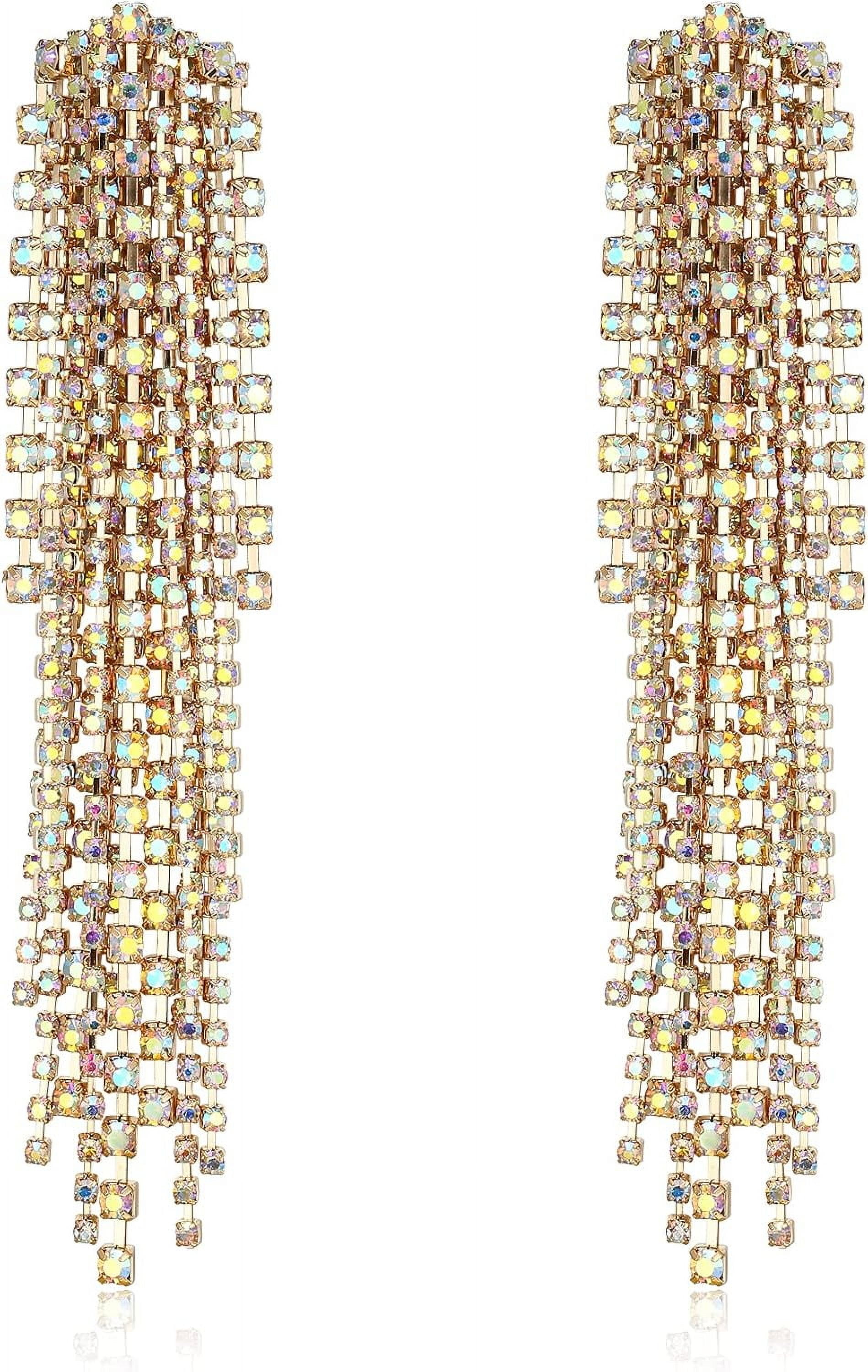 Crystal Multiple Tassel Fringe Dangle Drop Earrings, Sparkle Rhinestone ...