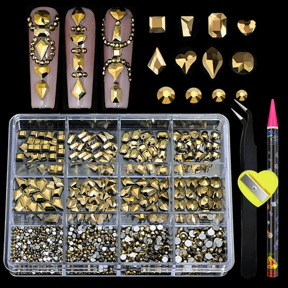 Crystal Nail Gems Rhinestones, 12 Grids Mix of Heart & Flat Back Shapes ...