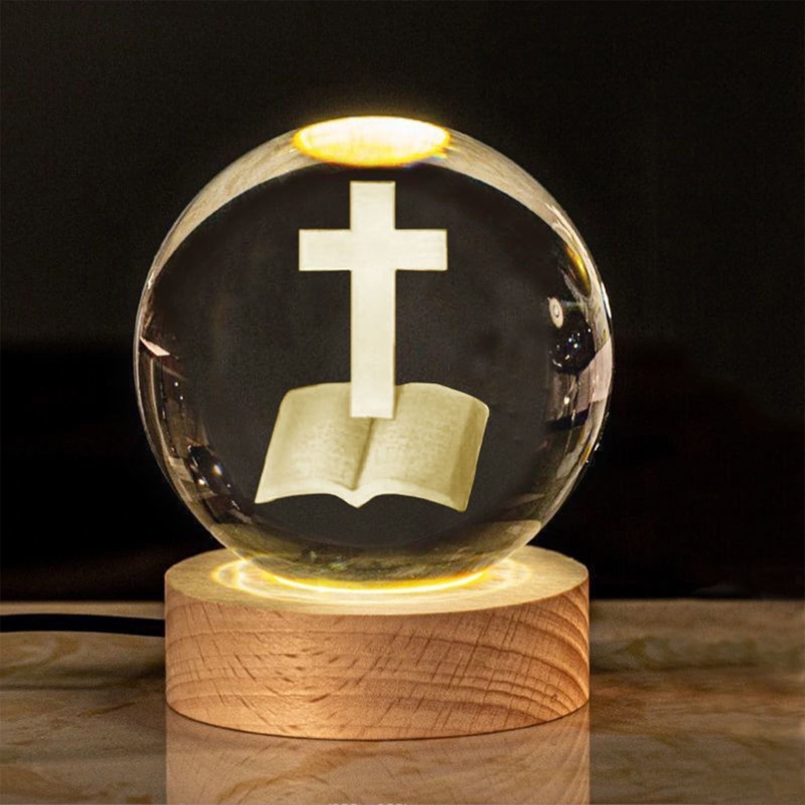 Crystal Night Light with Holy Family Figurine, Engraved Glass Religious ...