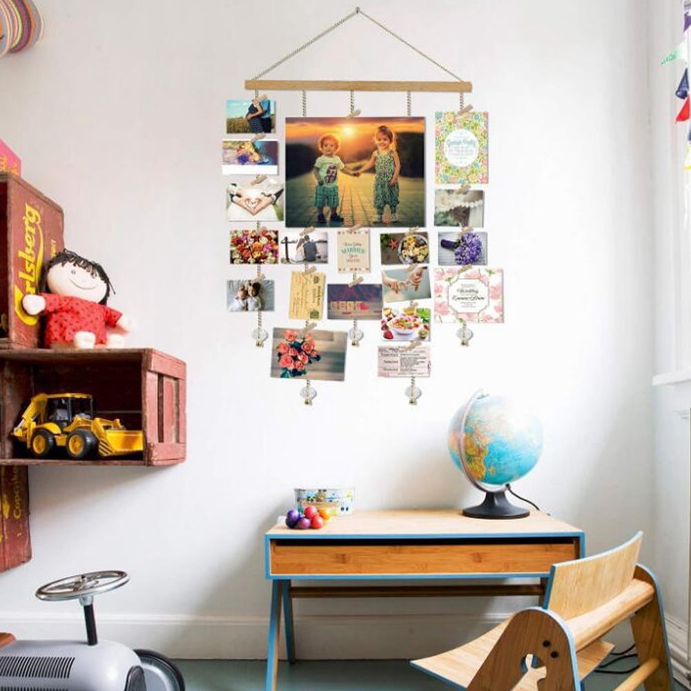 Crystal Pendant Hanging Photo Display Holder with Wood Clips Wall Art ...