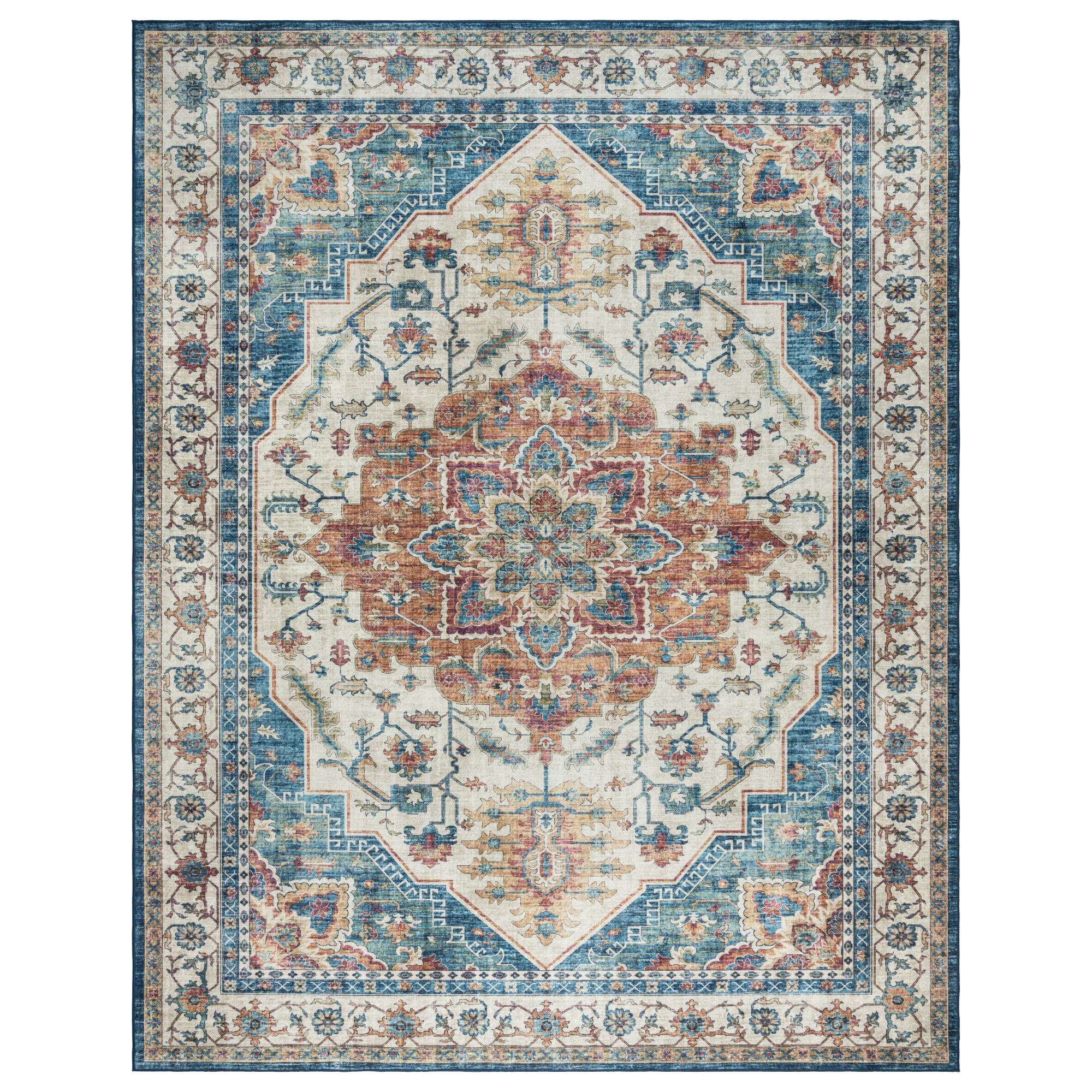 Crystal Print Soha Traditional Moroccan Blue Washable Indoor Area Rug ...