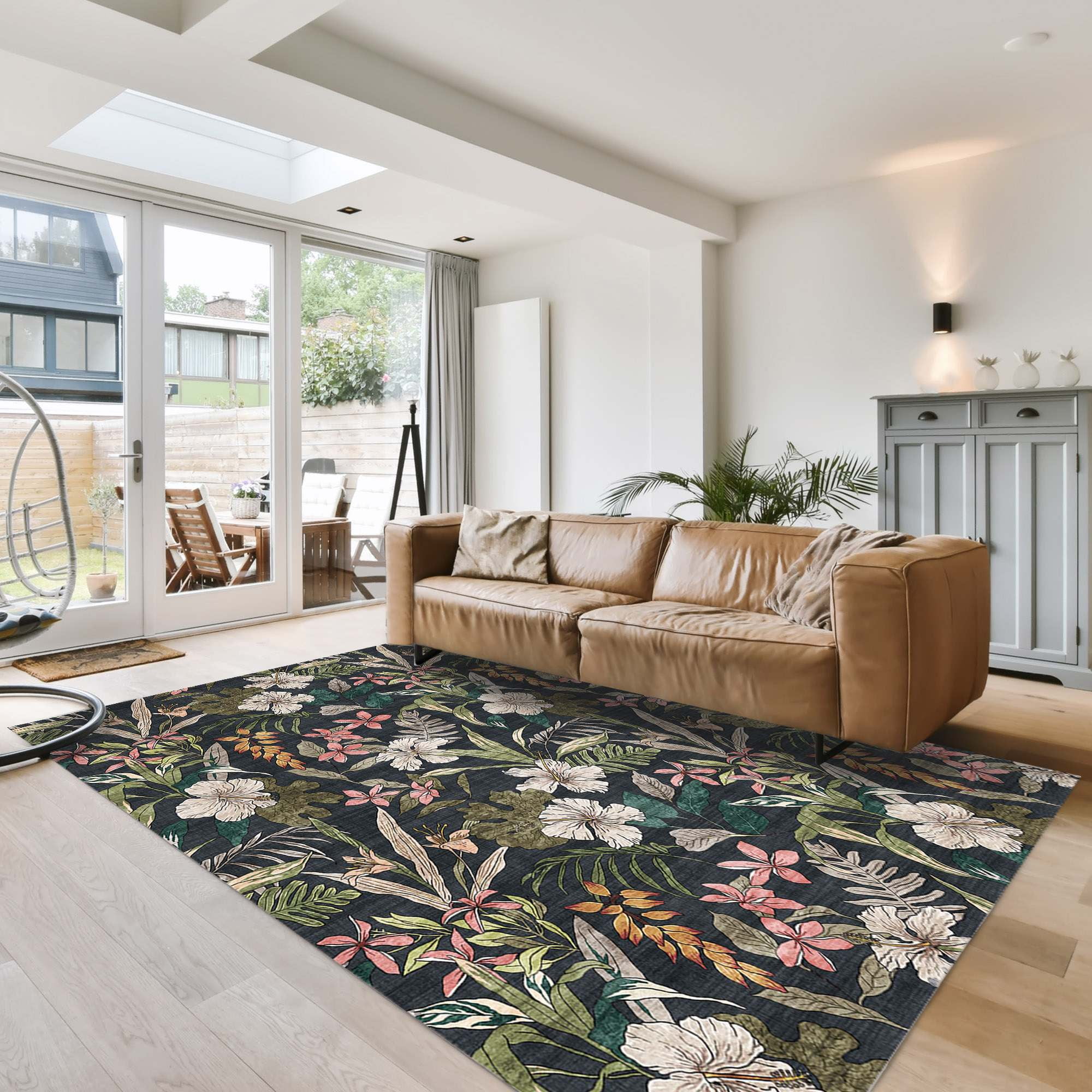 Crystal Print Thea Modern/ Contemporary Floral Black Area Rug, 5x7 ...