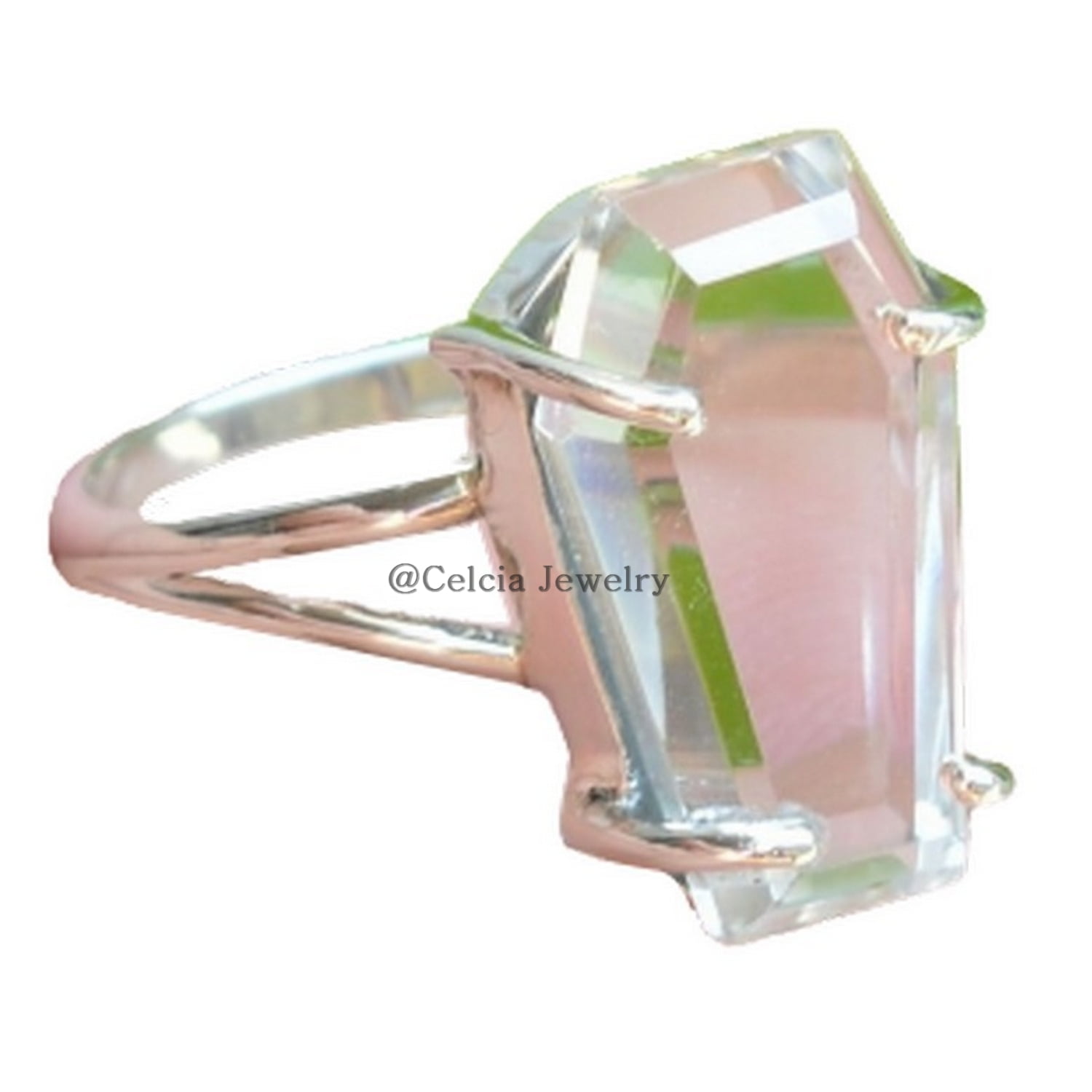 Crystal Quartz Gemstone Coffin Ring, Genuine 925 Sterling Silver ...