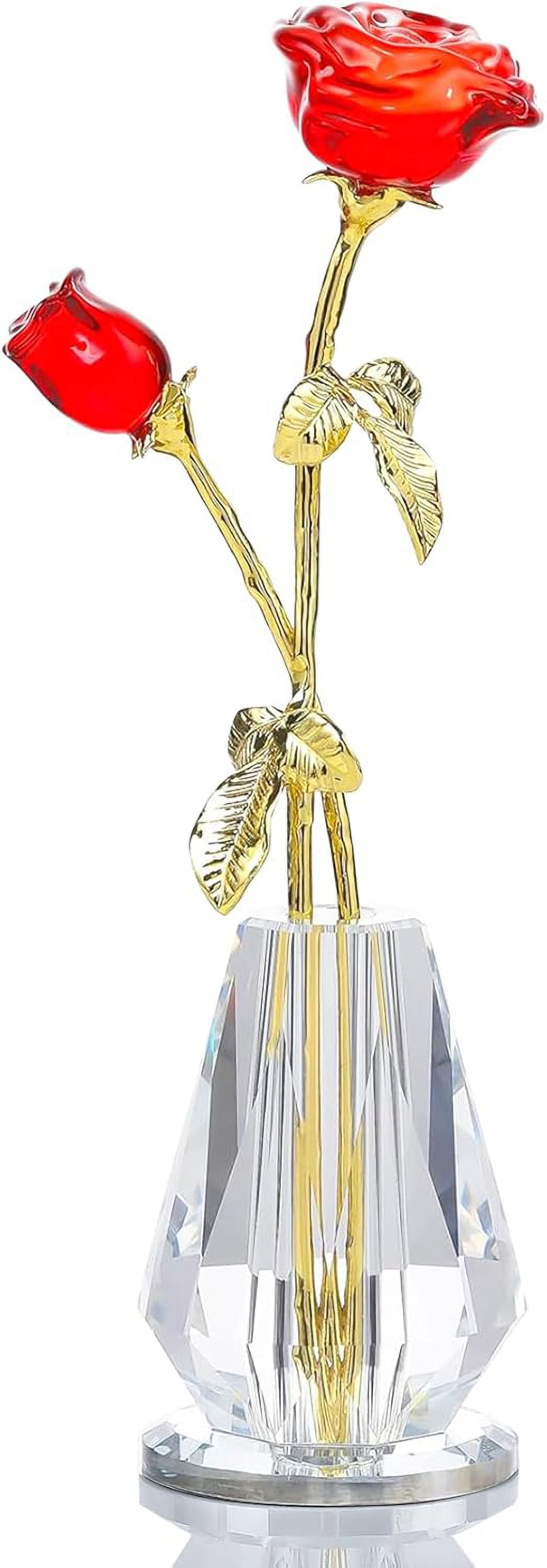 Crystal Red Rose Flower Figurine with Long Stem and Crystal Vase ...