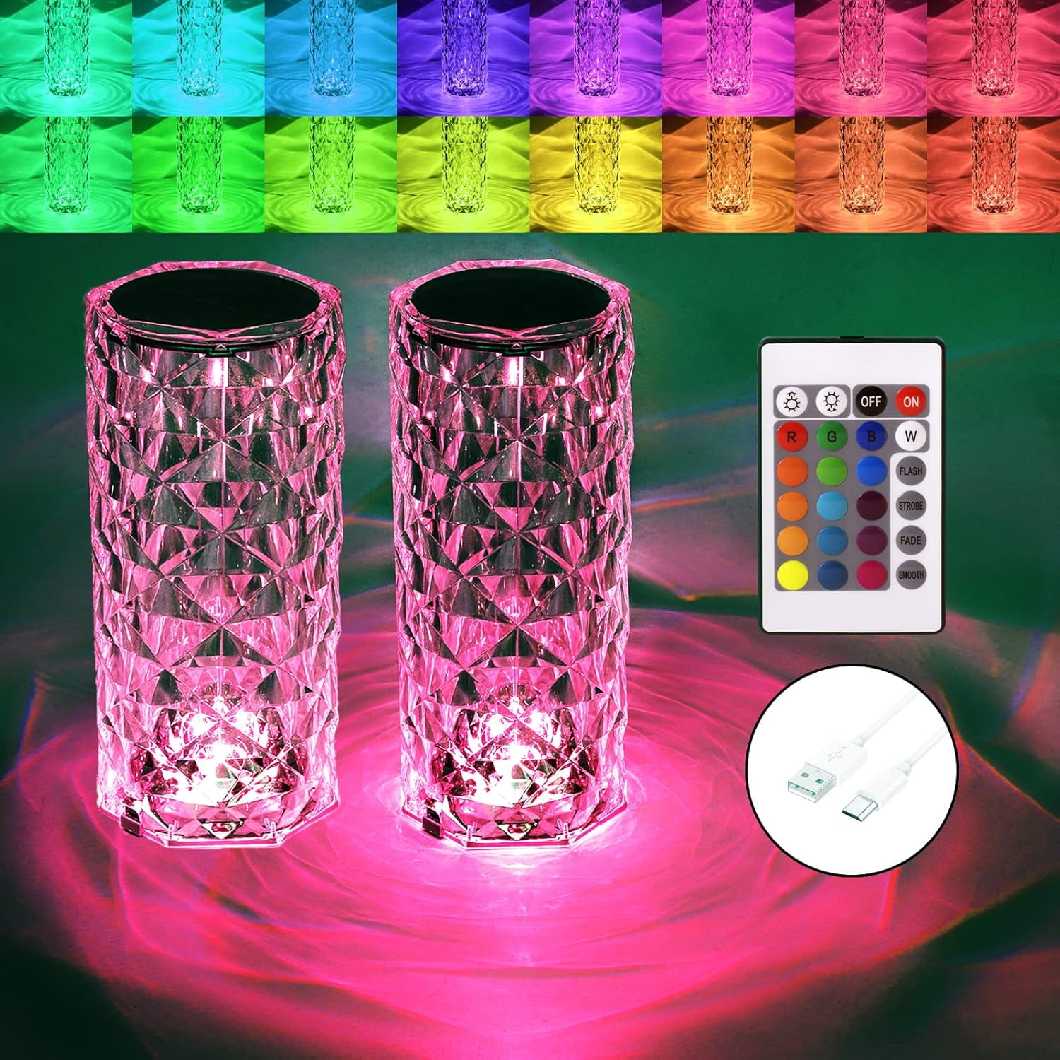 Crystal Rose RGB Table Lamp Set (2-Pack) – Touch & Remote Control Color ...