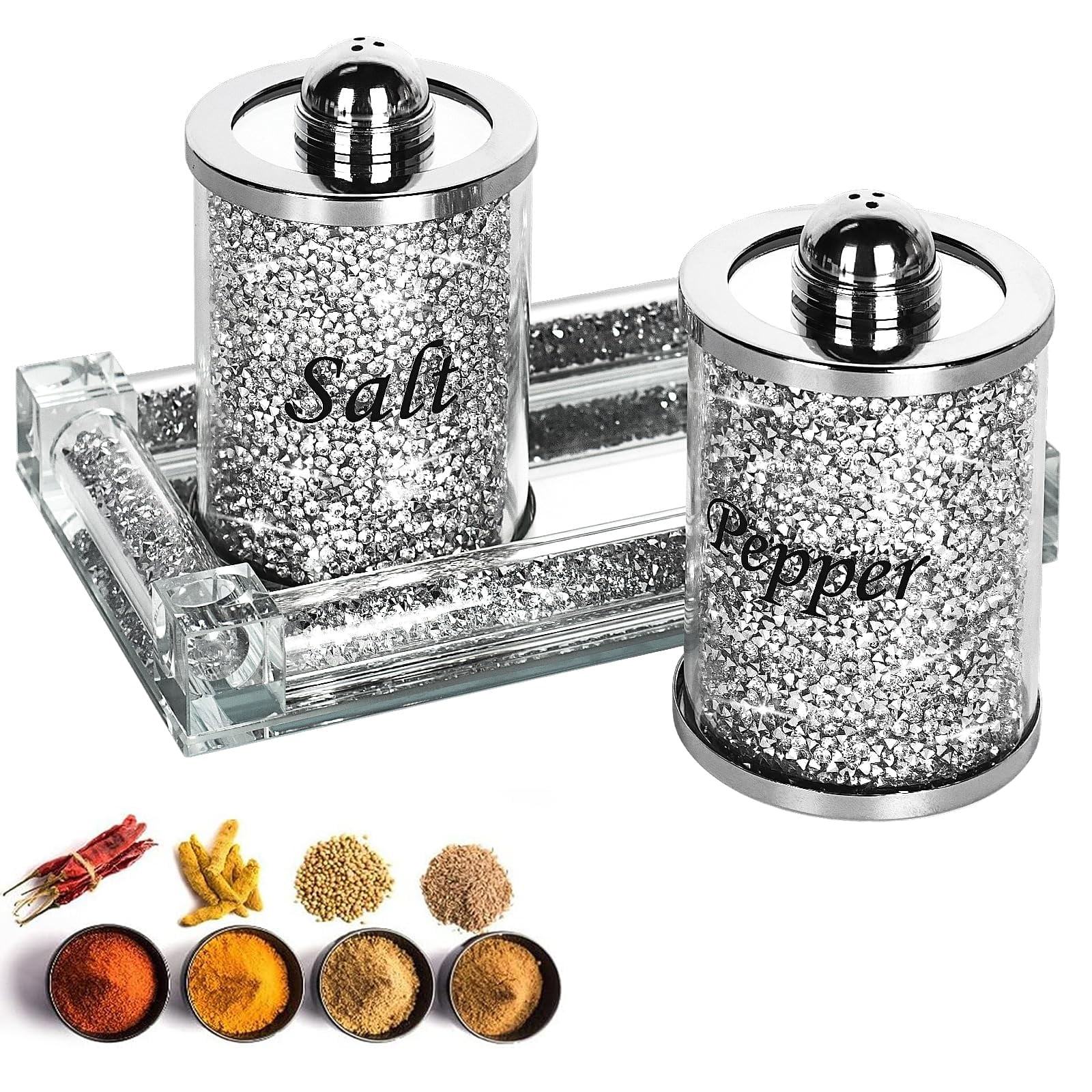 Crystal Salt and Pepper Shakers Set with Tray,Sparkly Crystal Crushed ...