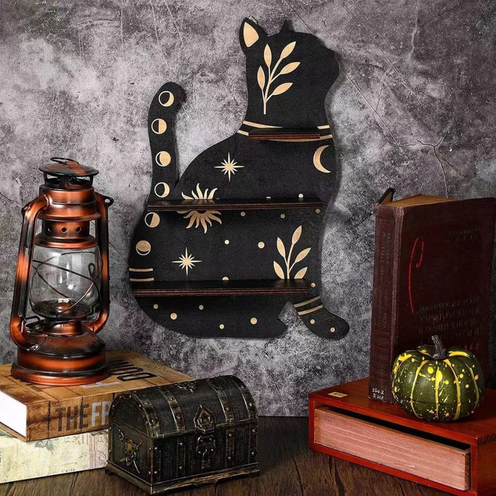Crystal Shelf Display Rustic Wooden Cat Moon Shelves Moth Hamsa Hand ...