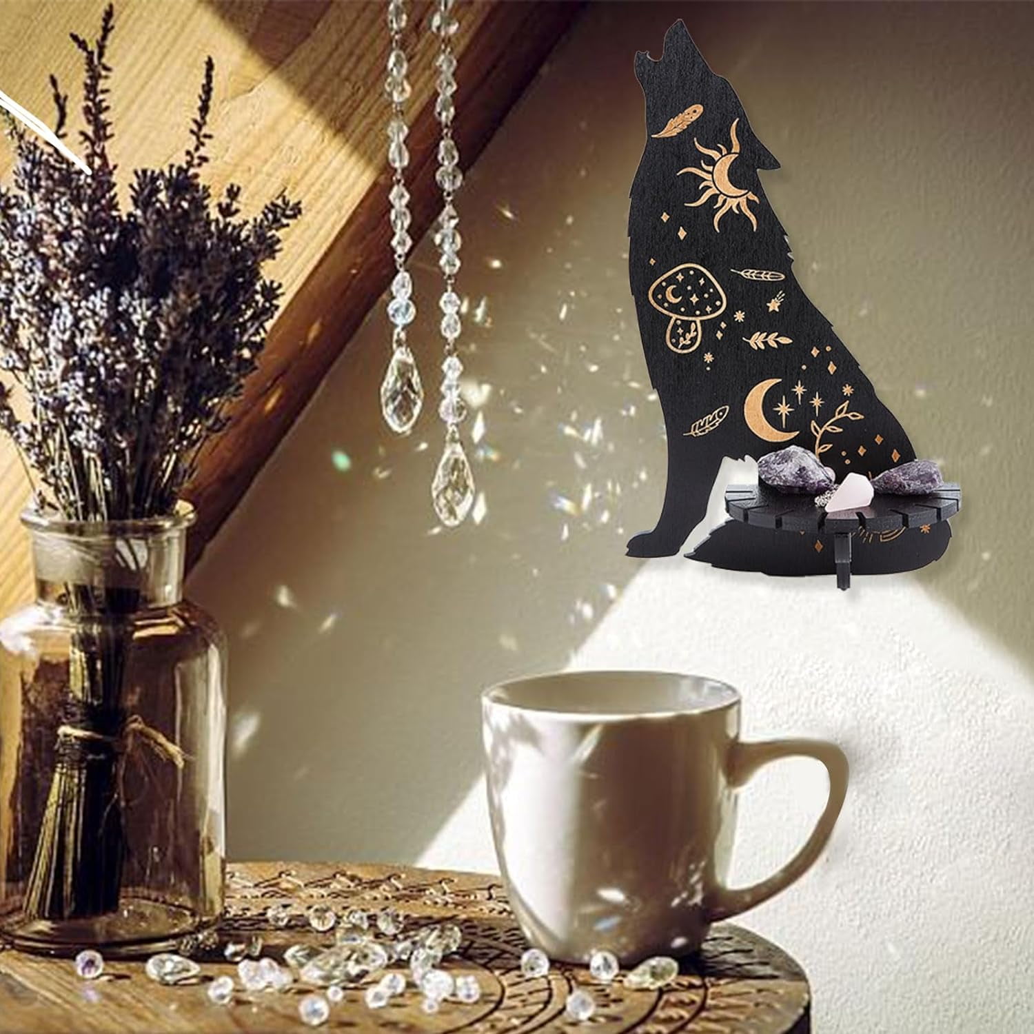 Crystal Shelf Display Wooden Floating Shelves Altar Gothic Wall Decor Rustic Moon Wolf Holder ...