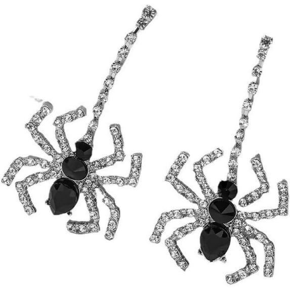 Crystal Spider Drop Earrings, Black and Silver, Rhinestone Dangle ...