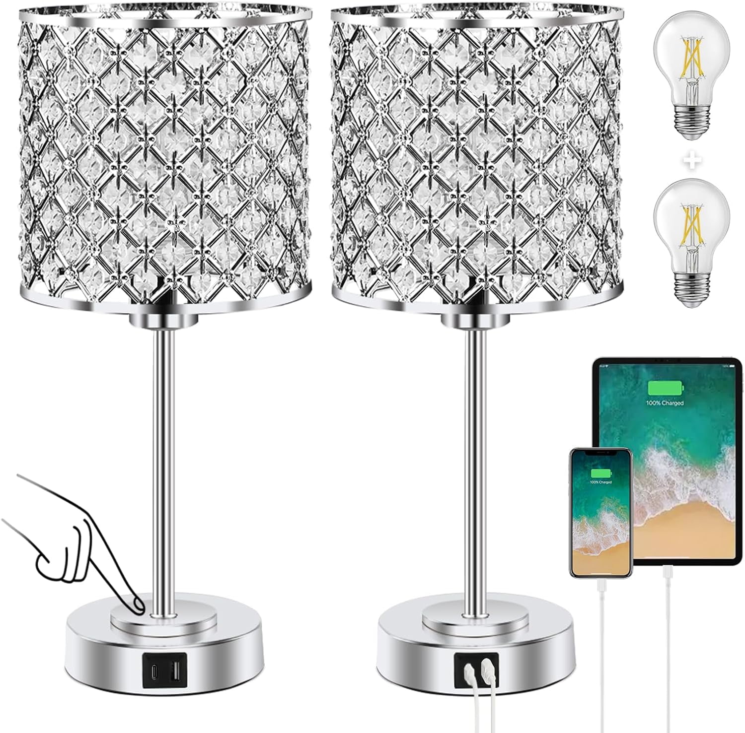Crystal Table Bedside Lamp Touch Control, 3-Way Dimmable Small ...
