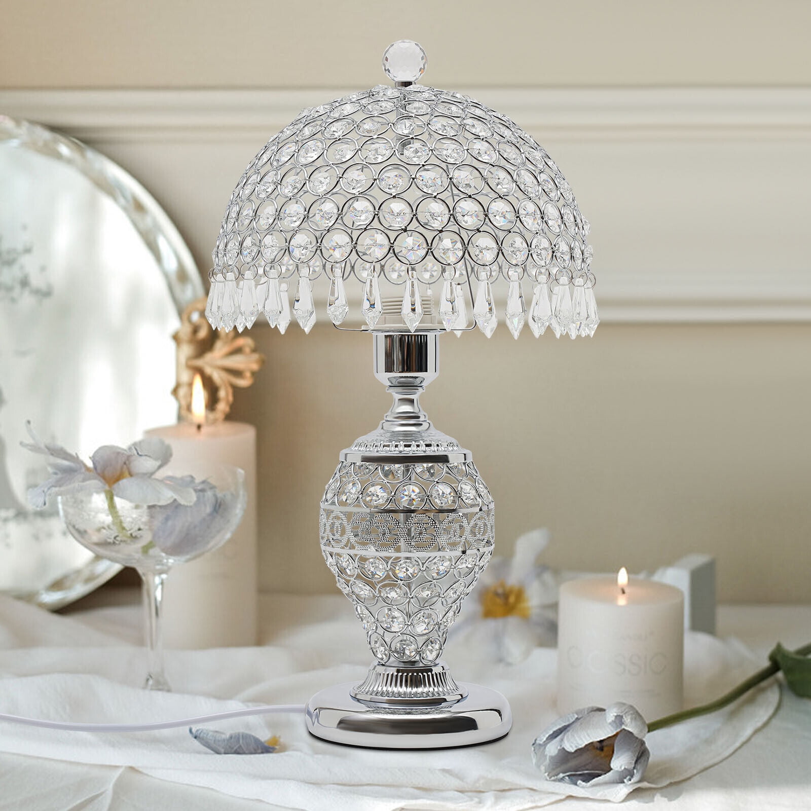 Crystal Table Lamp Bedside Nightstand Desk Light Silver Lighting ...