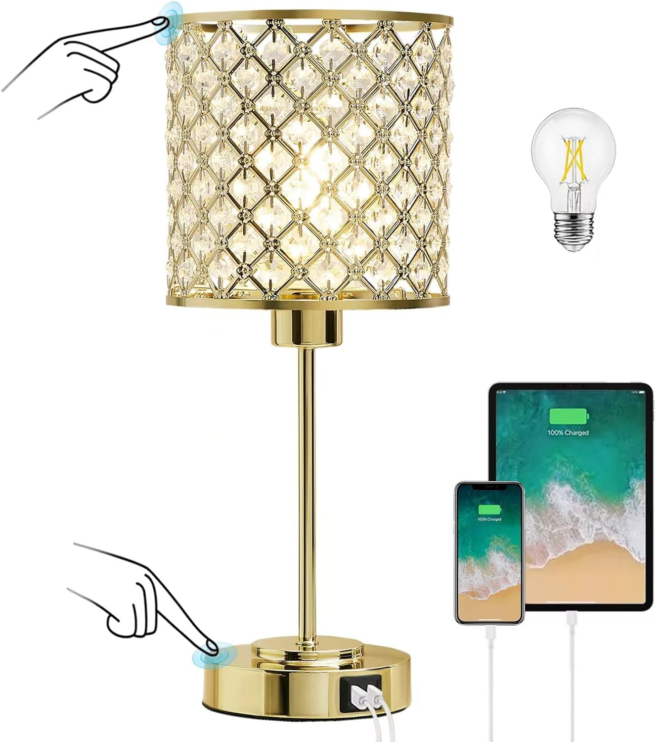 Crystal Table Lamp, Crystal Lamp Touch Control with 2 USB Ports, 3 Way ...