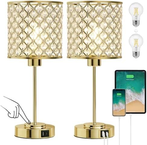 Crystal Table Lamp, Pink Touch Lamp with USB C+A Ports, 3 Way Dimmable ...