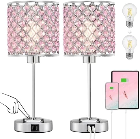 Crystal Table Lamp, Pink Touch Lamp with USB C+A Ports, 3 Way Dimmable ...