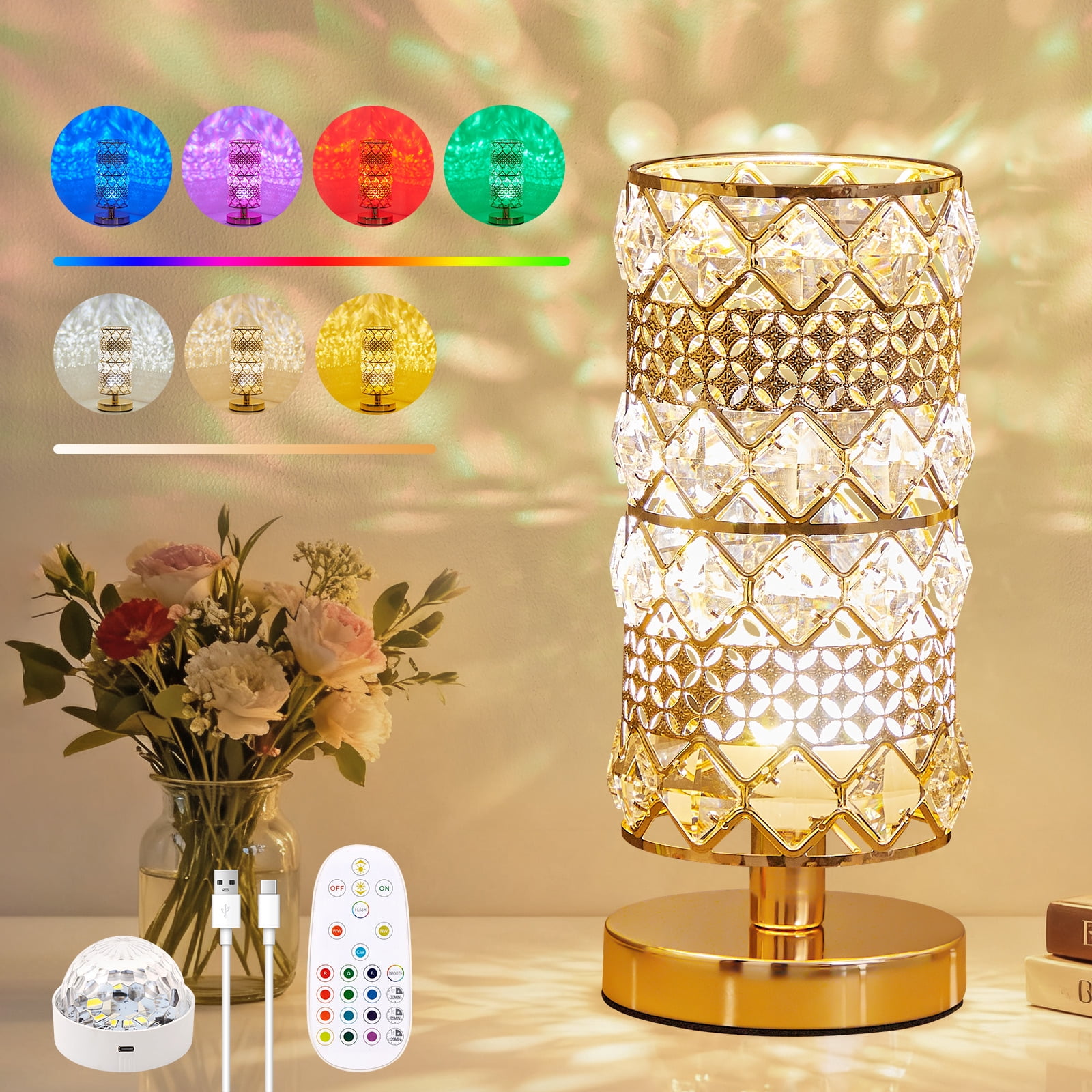 Crystal Table Lamp with Rechargeable RGB Bulb, 15 Color Modes, Remote ...