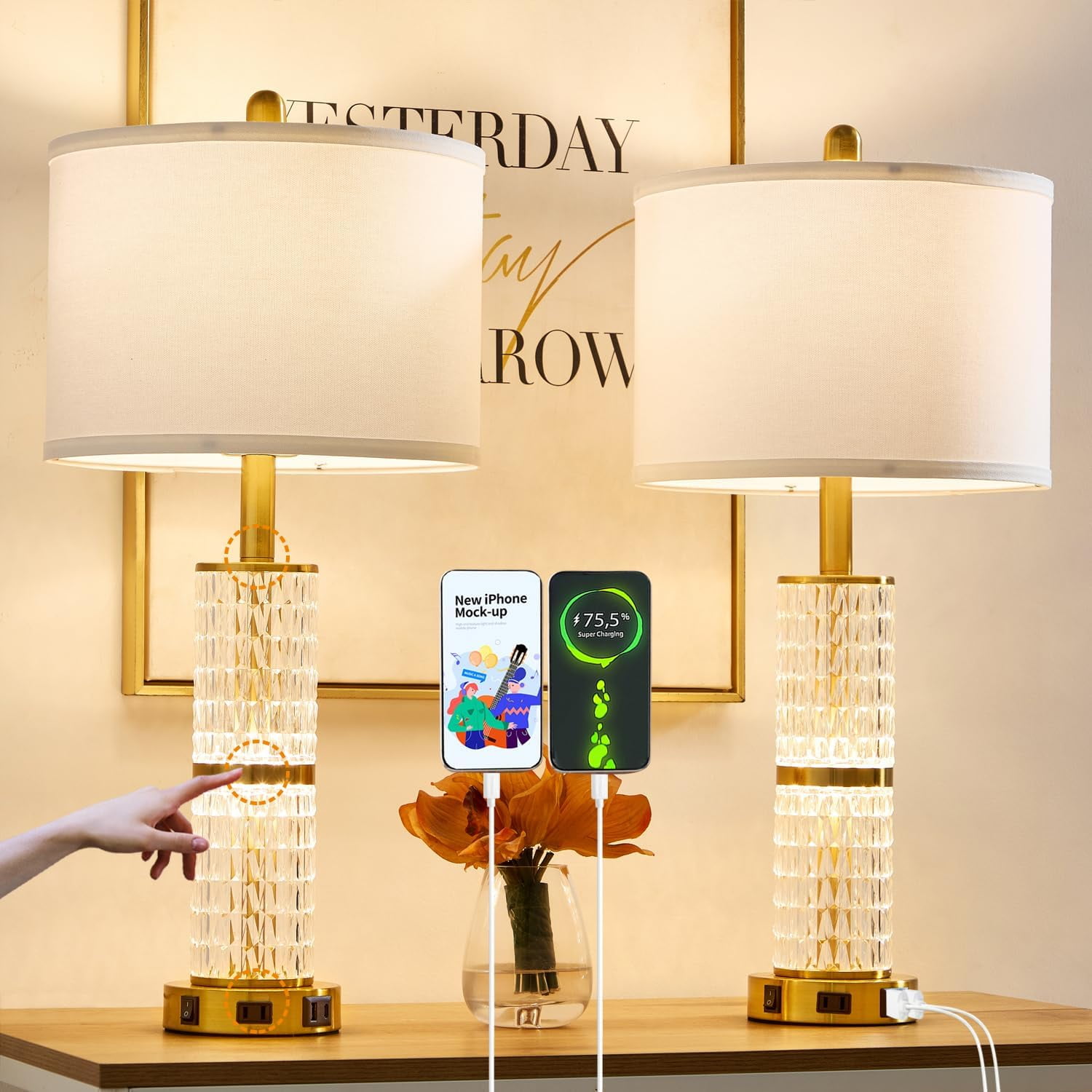 Crystal Table Lamps Modern 3-Way Dimmable Bedside Lamp with 2 USB Ports ...