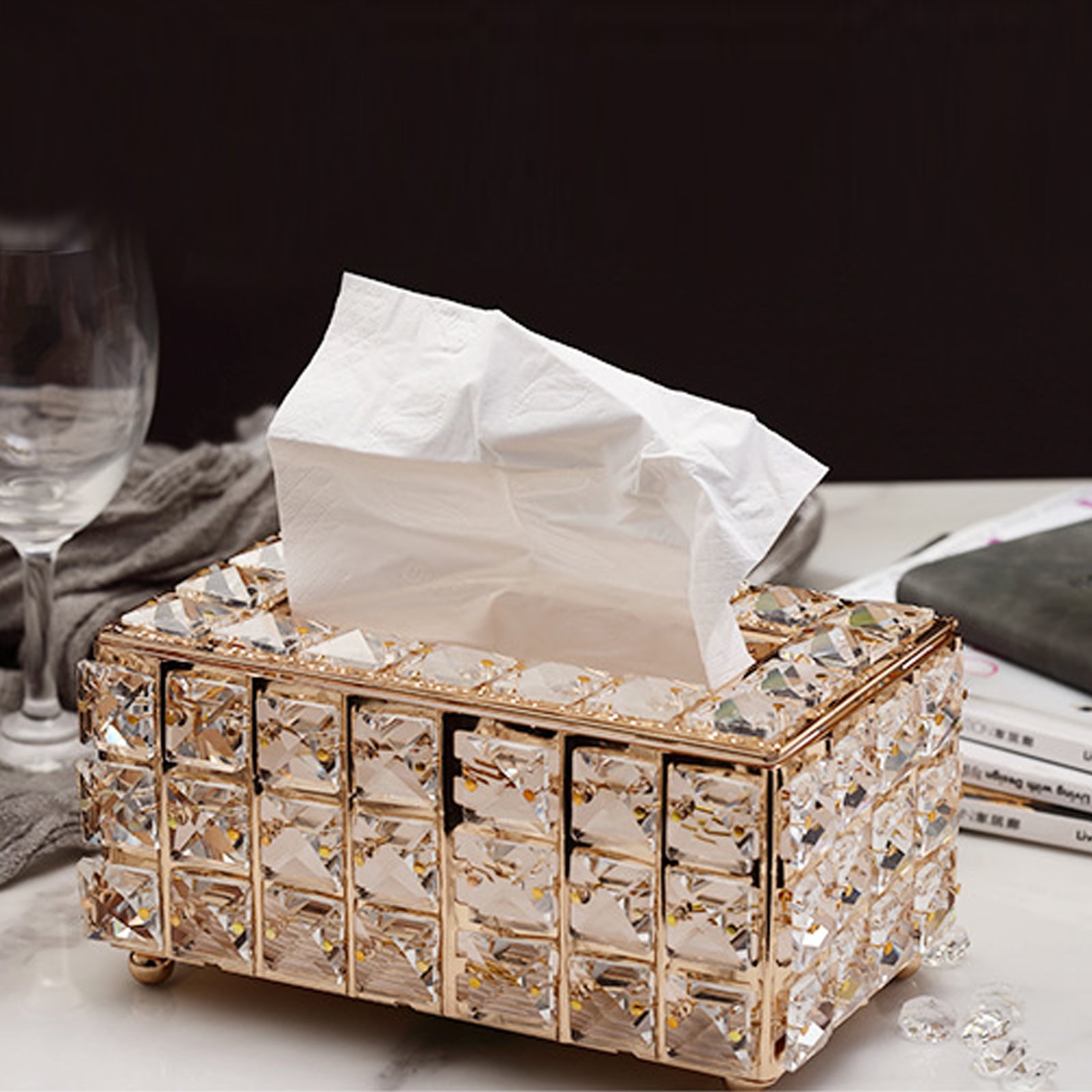 Crystal Tissue Cover Napkin Holder Golden Tissue Box Cover Rectangular ...