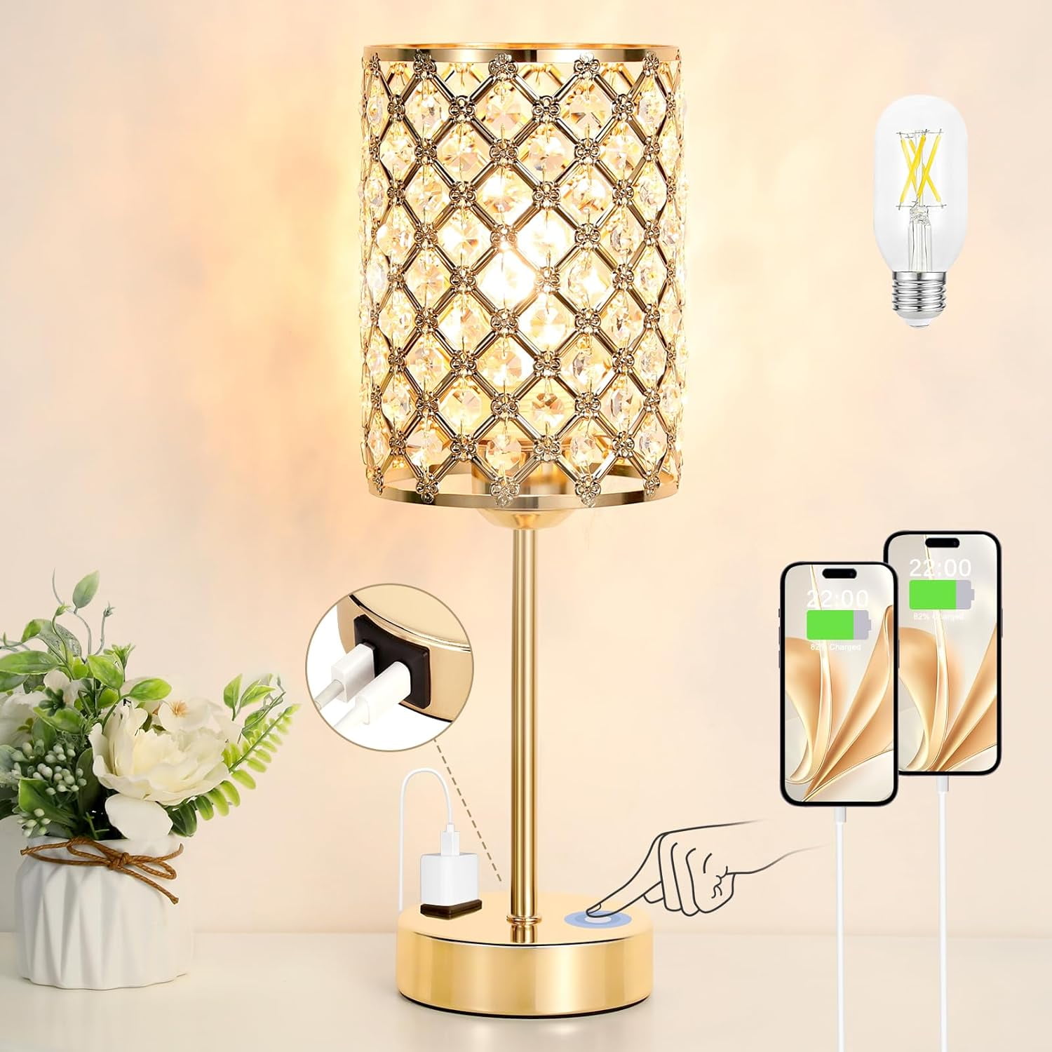 Crystal Touch Control Table Lamp with 2 USB Charging Ports and 1 AC Ports, 3 Way Dimmable ...