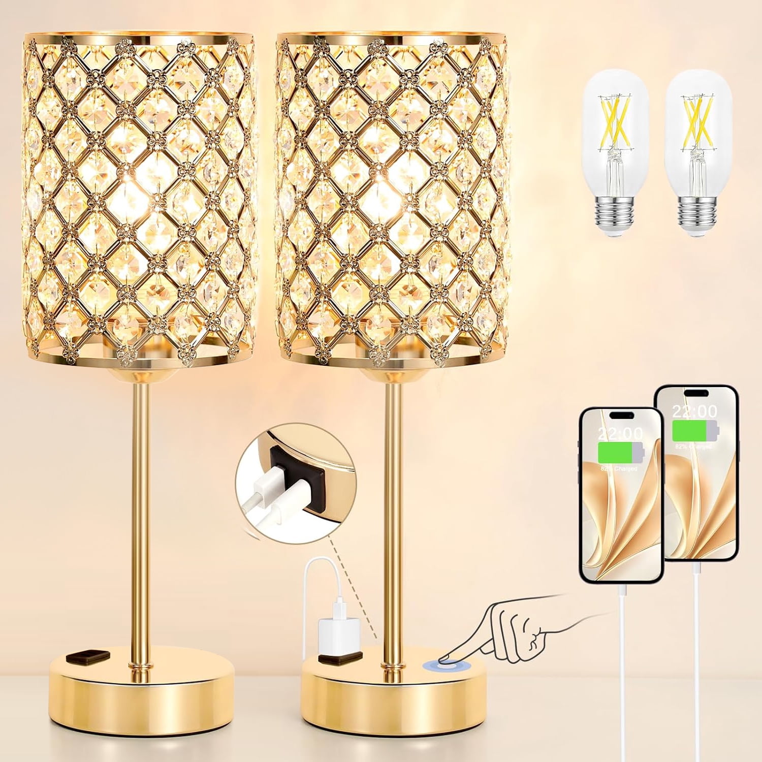 Neoglint 15.66” Metal Table Lamp with Gold Crystal Shade (2 Count ...