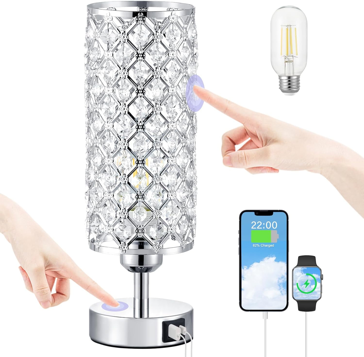 Crystal Touch Lamp with Touch Control, Sliver Table Lamp with USB-C+A ...