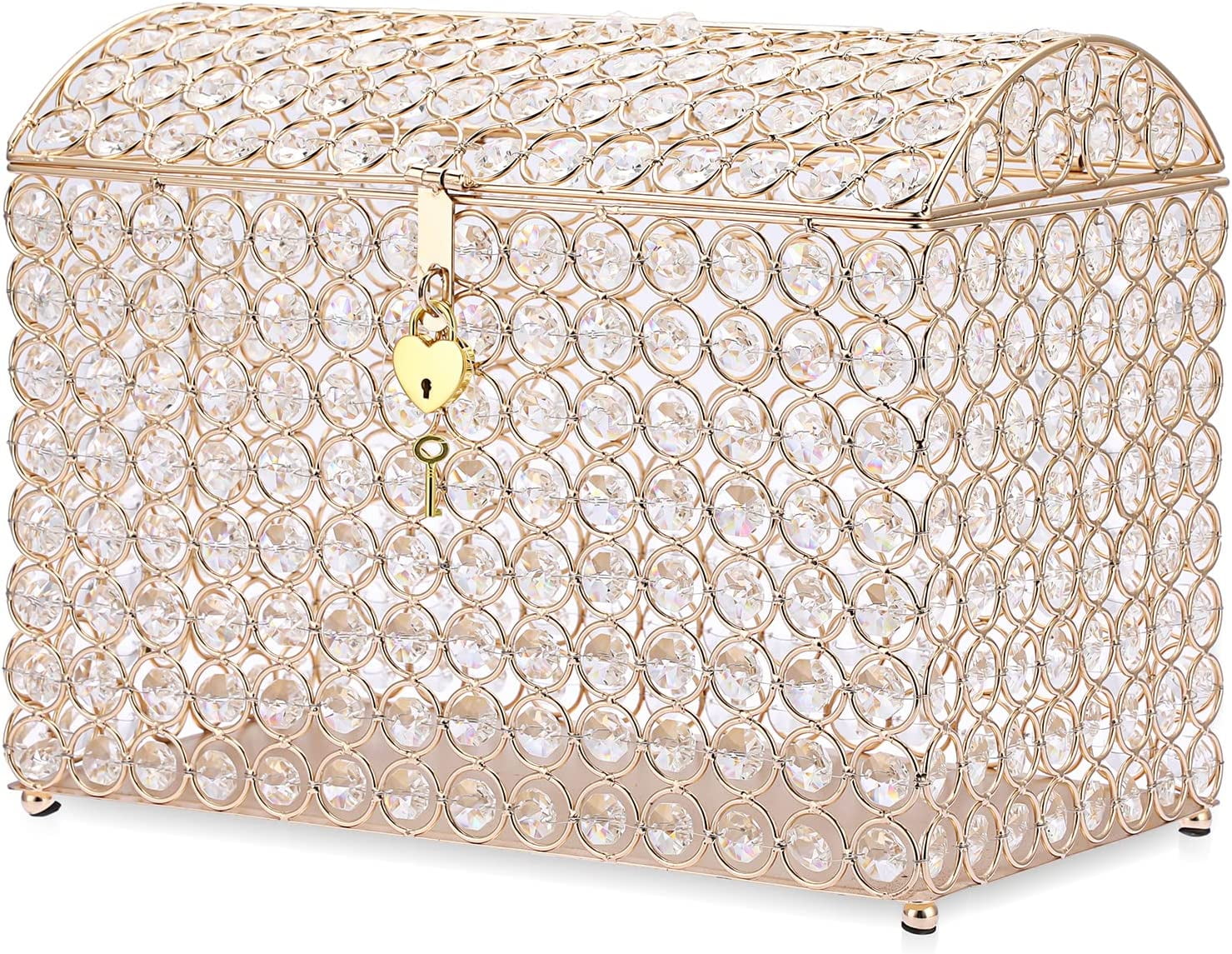 Crystal Wedding Card Box with Heart Lock, Money Card Box Treasure Chest Style Gold Gift for ...