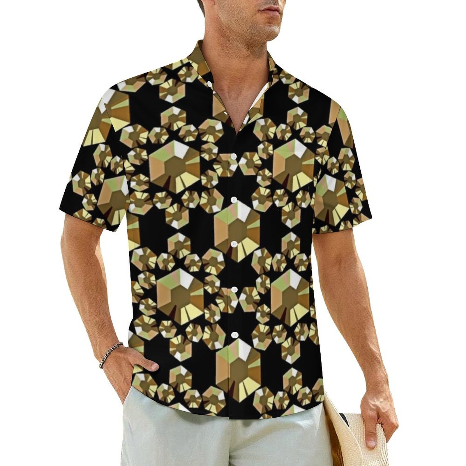 Crystals Beads Print Vacation Shirt Sparkling Gold Summer Casual Shirts ...