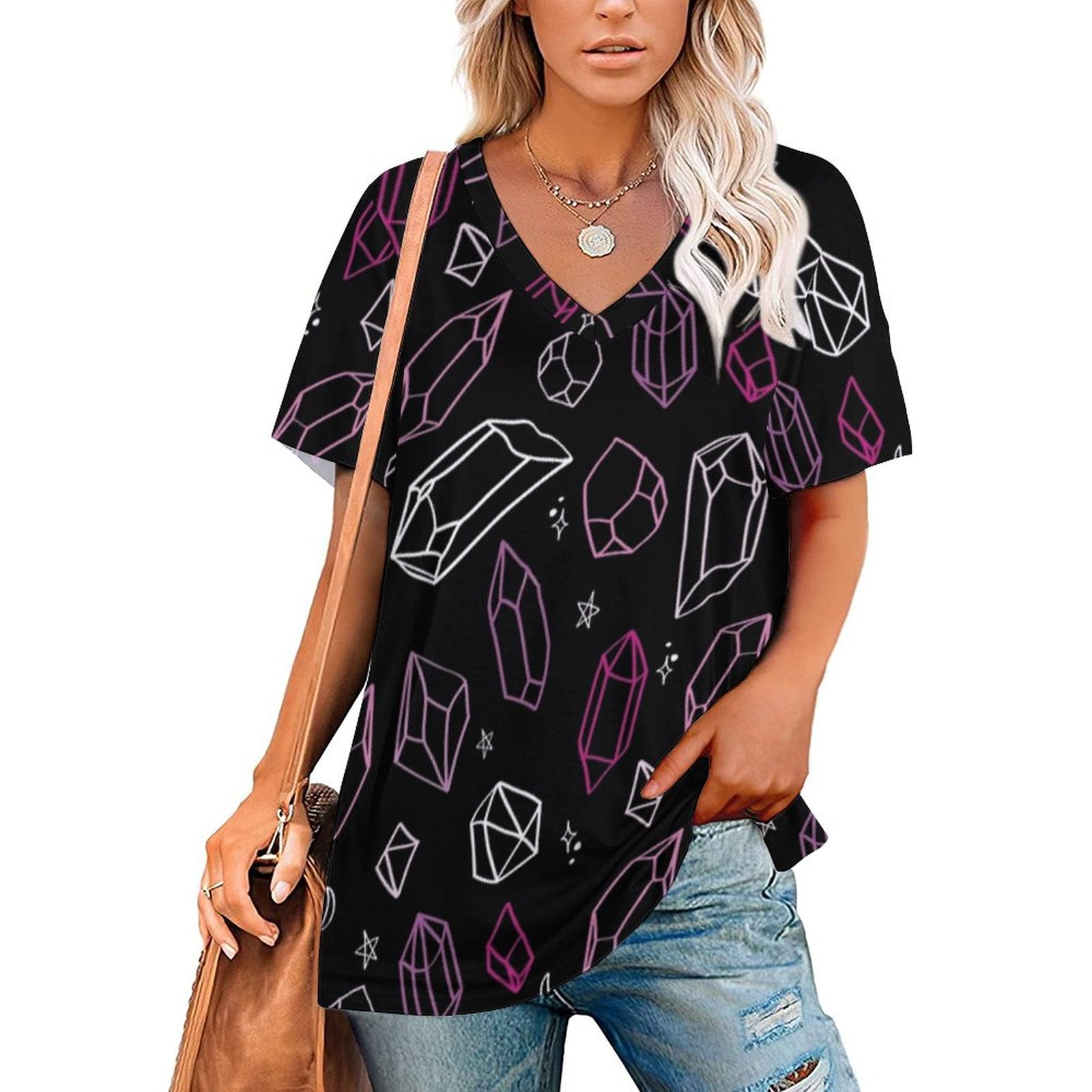 Crystals Pattern New Fashion Zip Off Shoulder Top Short-Sleeve Women ...