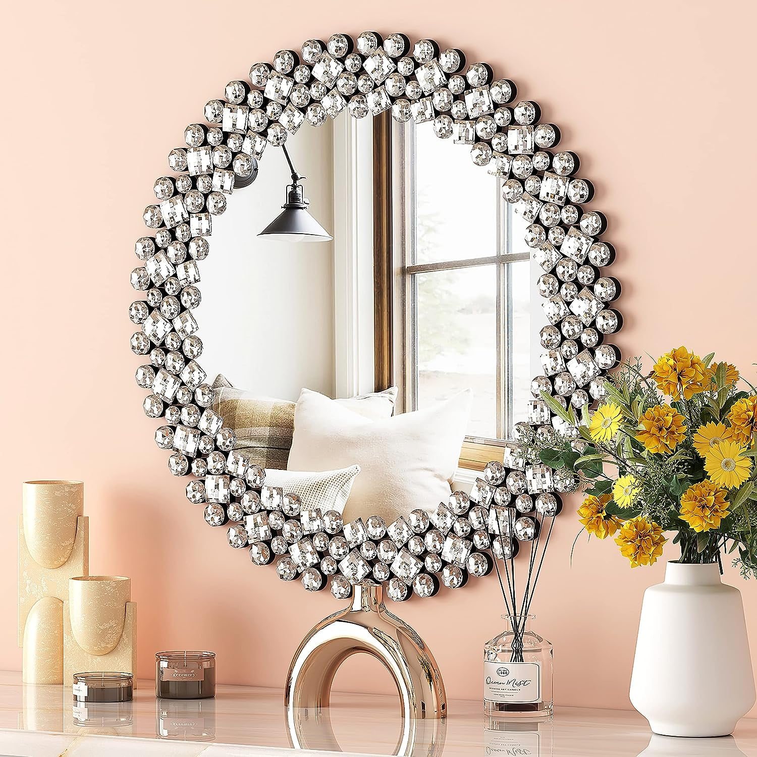 Crystral Round Mirror for Wall Decor,24" Large Wall Mirrors with Luxury ...