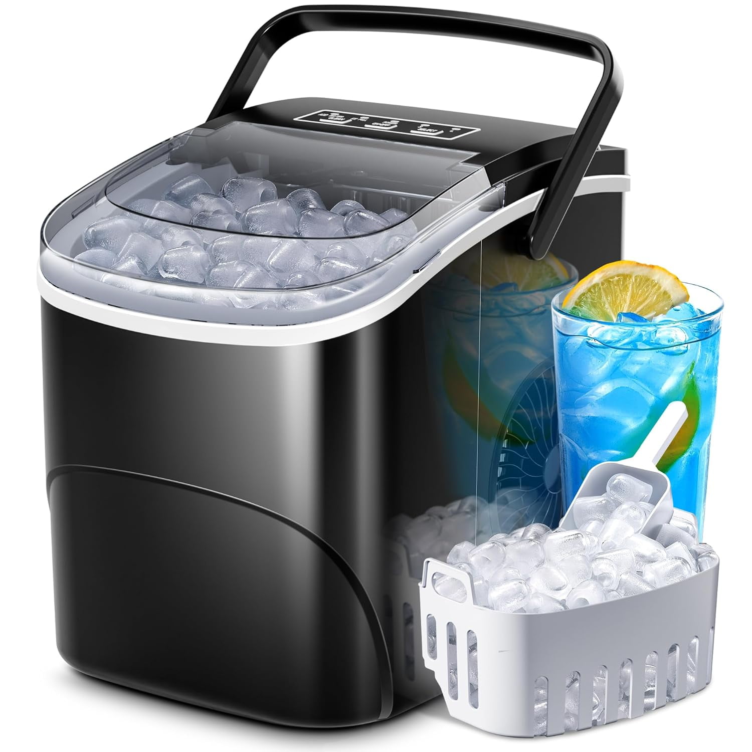 Crzoe Ice Makers Countertop with Handle, 2 Sizes of Ice, 9 Bullet Ice ...