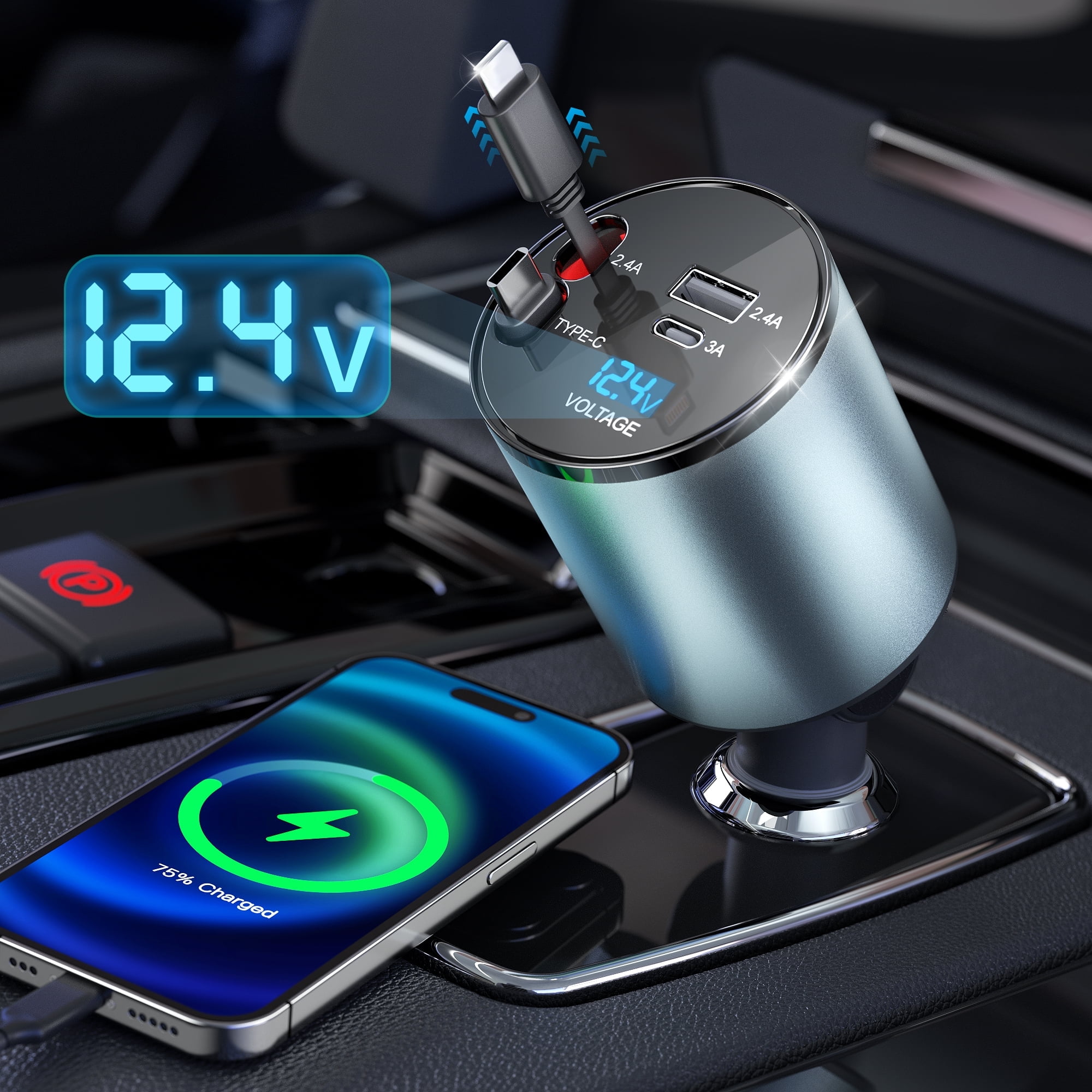 Cshidworld Retractable Car Charger 4 in 1 Fast Charging 66W USB-C USB-A ...