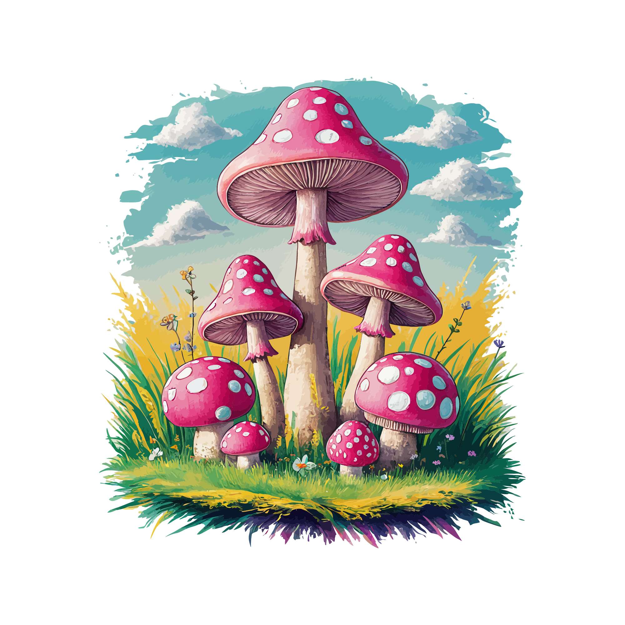 Cte Cartoon Pink Mushrooms in Field Cartoon Wall Art Sticker Designs ...