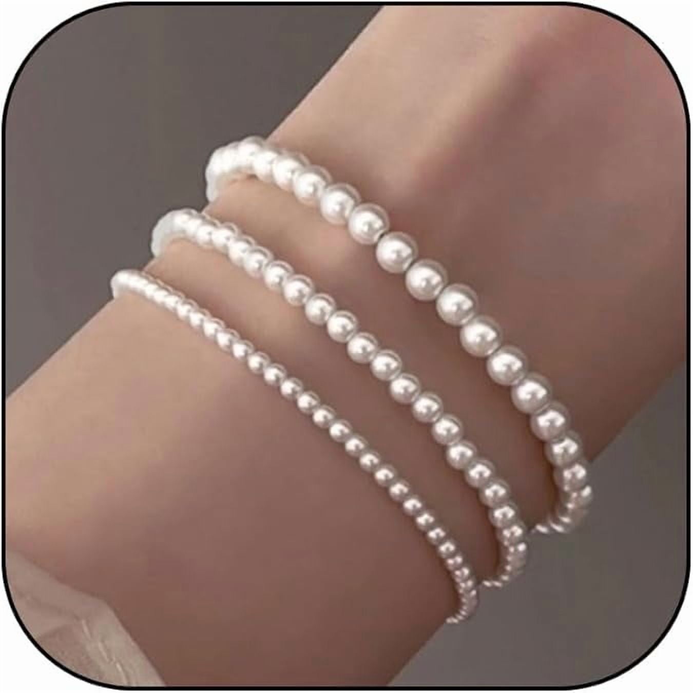 Cterwk 3 Pack Pearl Bracelets Faux White Pearl Bracelet Elastic Stretch ...