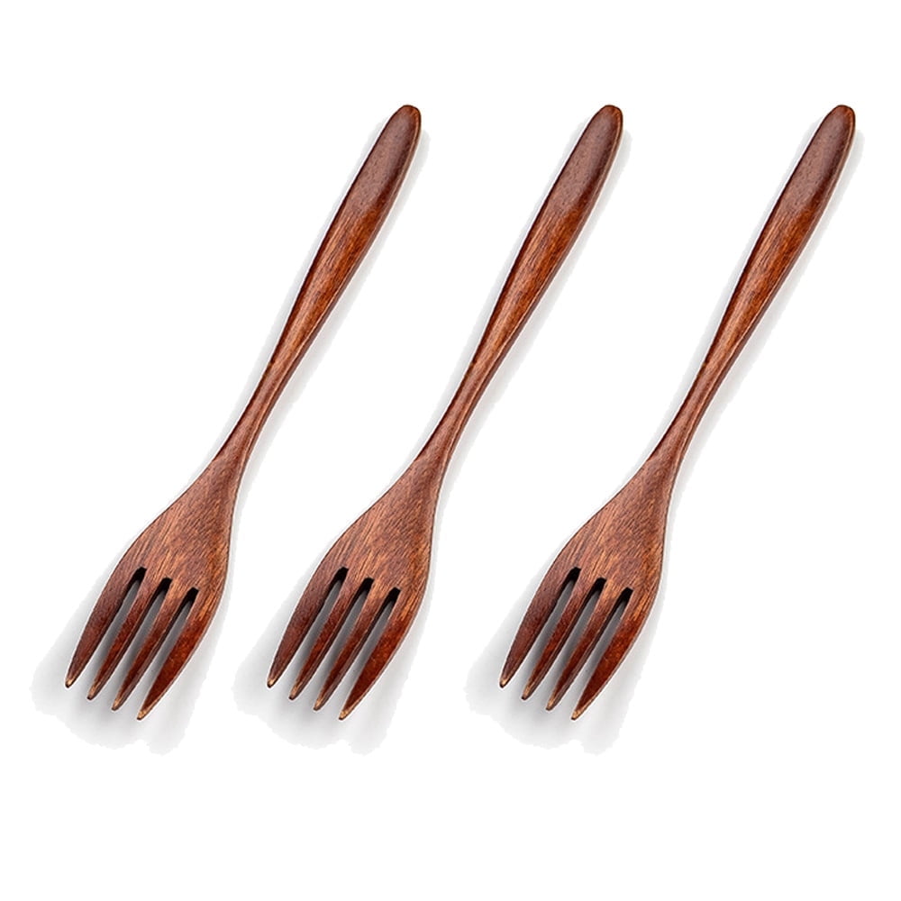 Cterwk 3PCS Wood Long Handle Reusable Dinner Forks Kitchen Utensil for ...