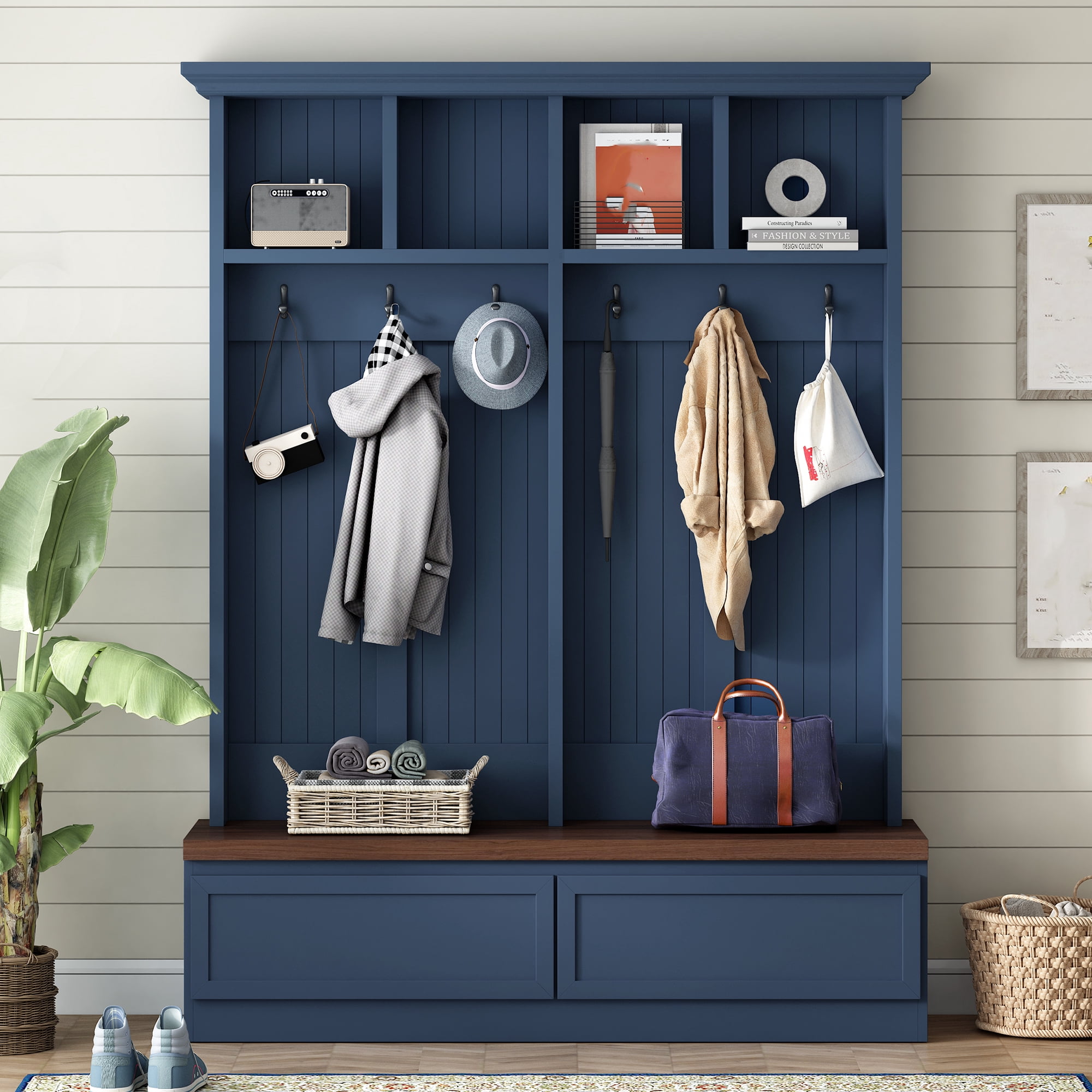 Cterwk 4-in-1 Hall Tree with Bench, Coat Rack with 2 Drawer, Wood ...