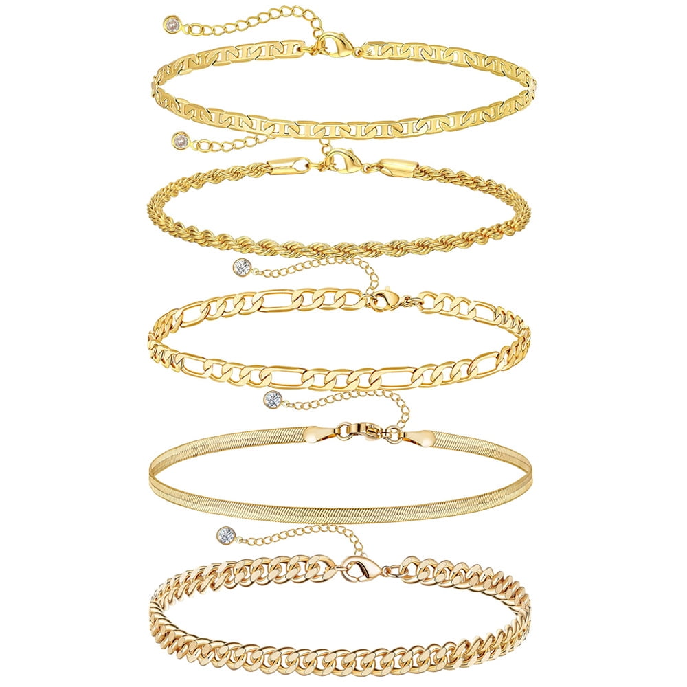 Cterwk 5 Pcs Gold Plated Ankle Bracelet for Women Waterproof Anklets ...