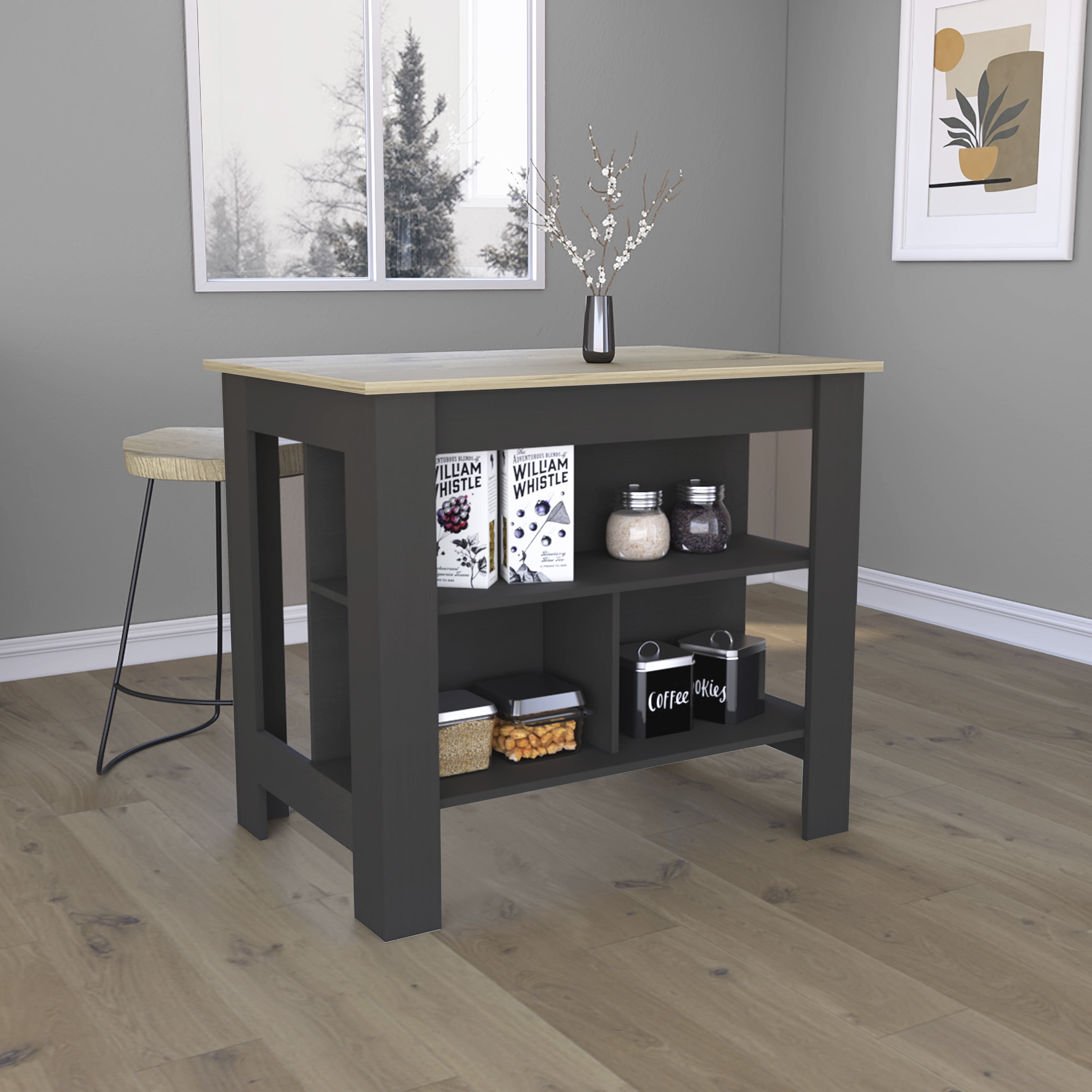 Cterwk Kitchen Island with 3 Shelves, Wood Top Kitchen Table for Dining ...