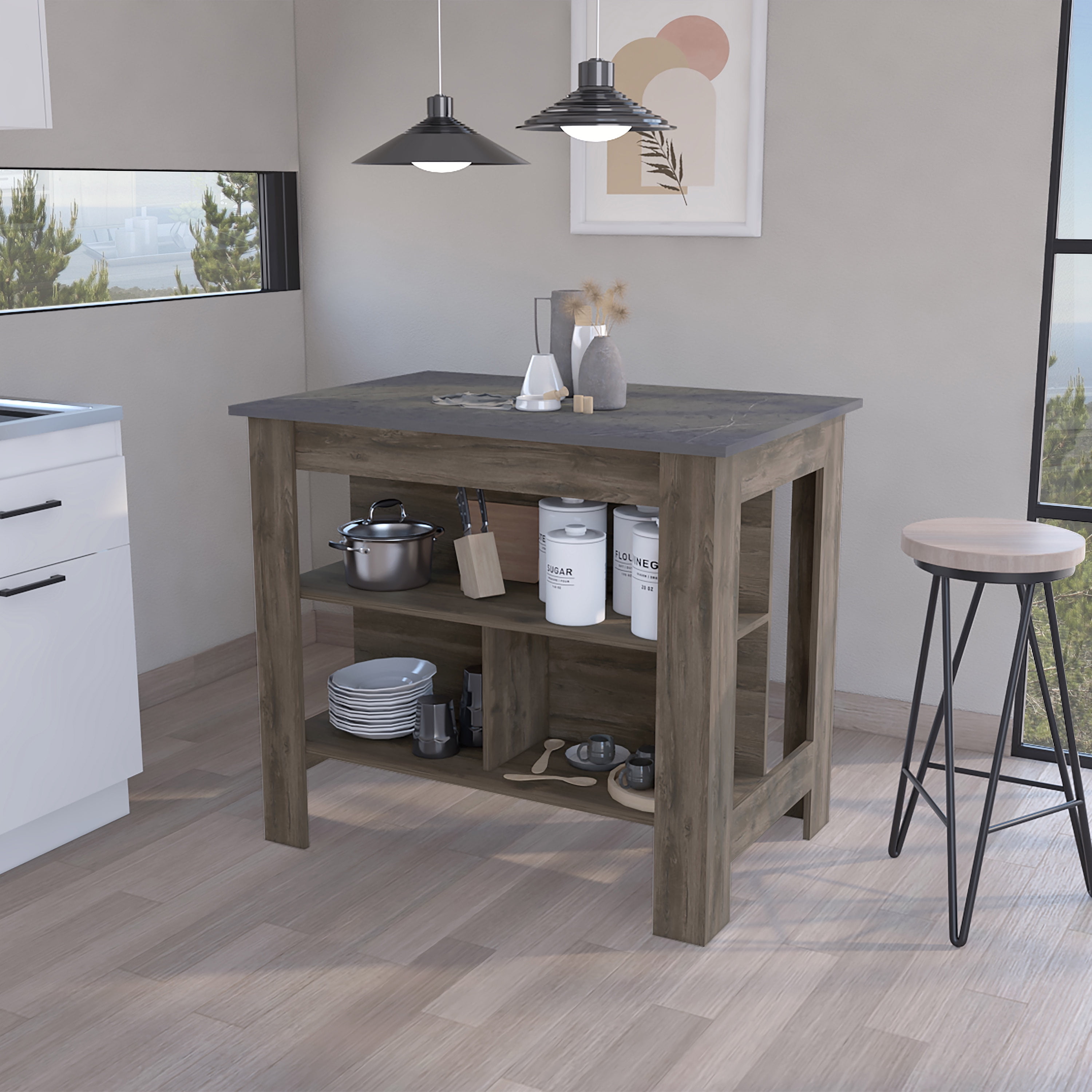 Cterwk Kitchen Island with 3 Shelves, Wood Top Kitchen Table for Dining ...