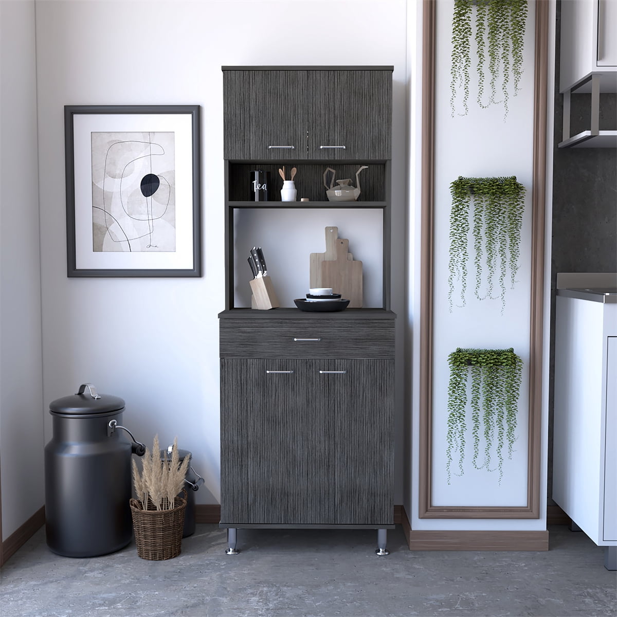 Cterwk Kitchen Pantry with Countertop, Closed & Open Storage, Dark Gary ...