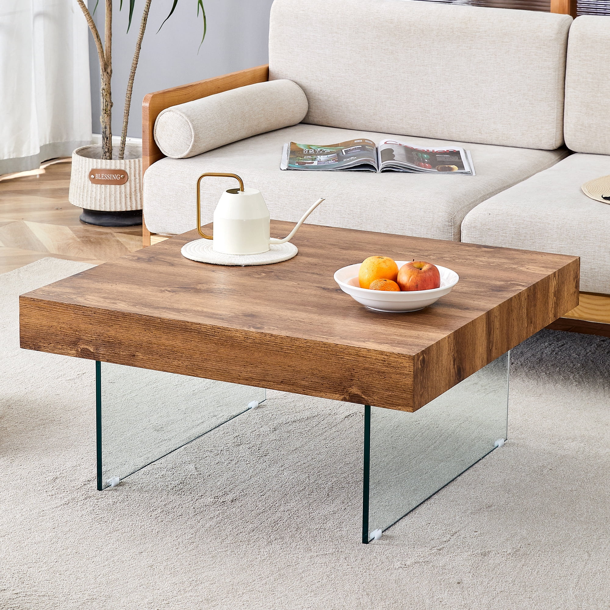 Cterwk MDF Coffee Table with Tempered Glass Legs, Square Tea Table for ...