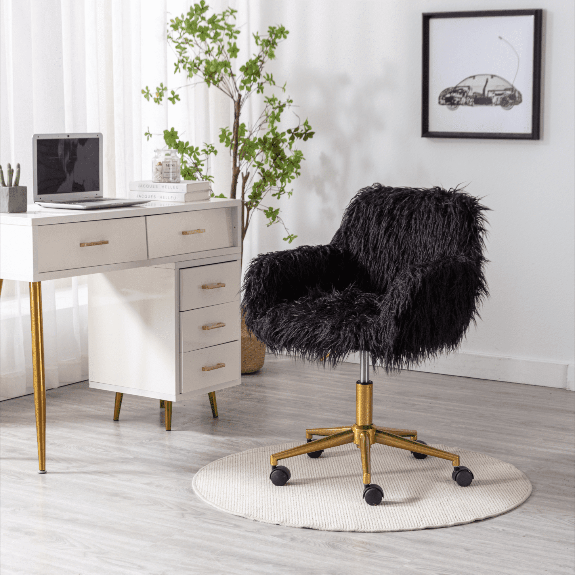 Cterwk Modern Faux Fur Office Chair with Gold Plating Base, Fluffy Task ...