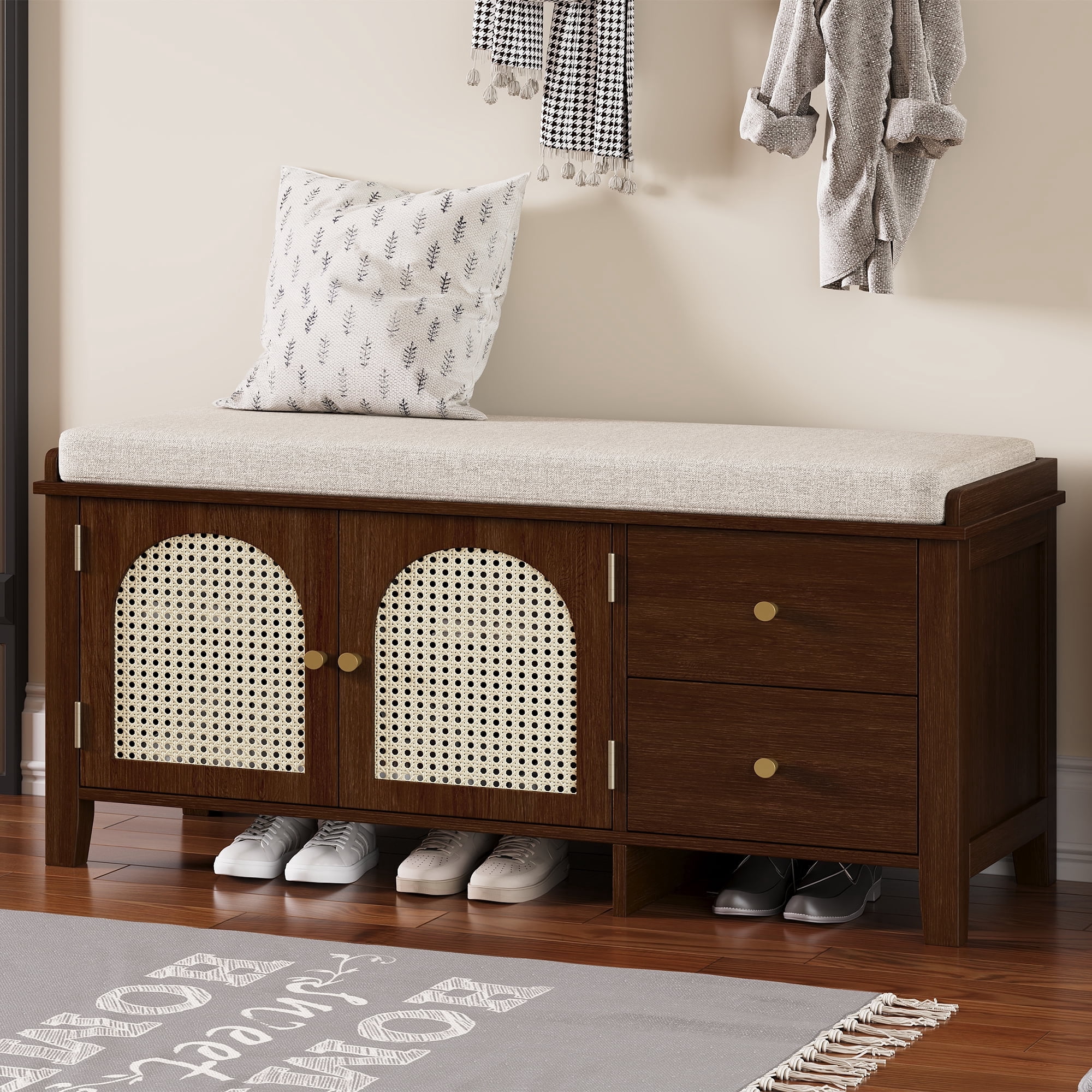 Cterwk Shoe Storage Bench with 2 Drawers and 2 Rattan Door, Vintage ...