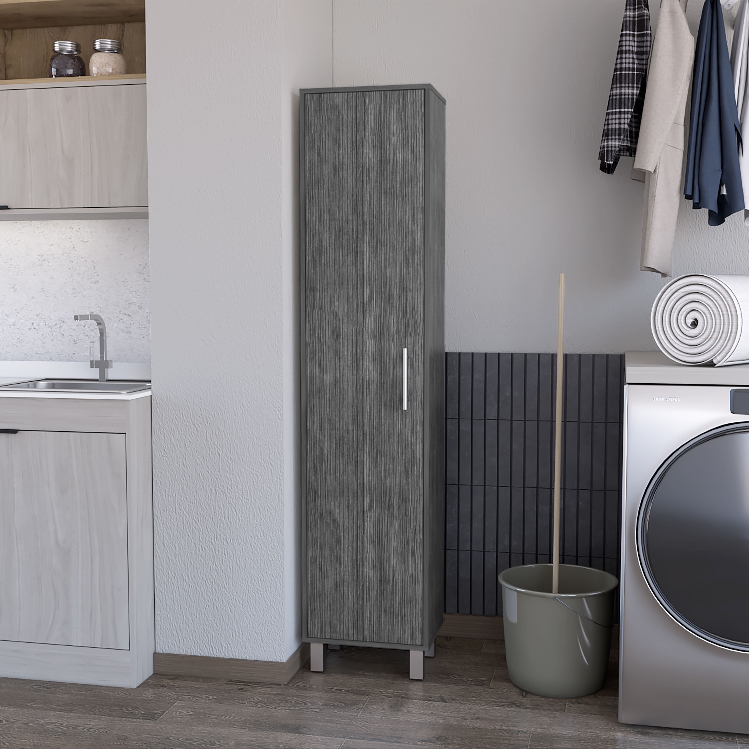 Cterwk Single Door Tall Storage Cabinet with 3 Hangers and 5 Shelves ...