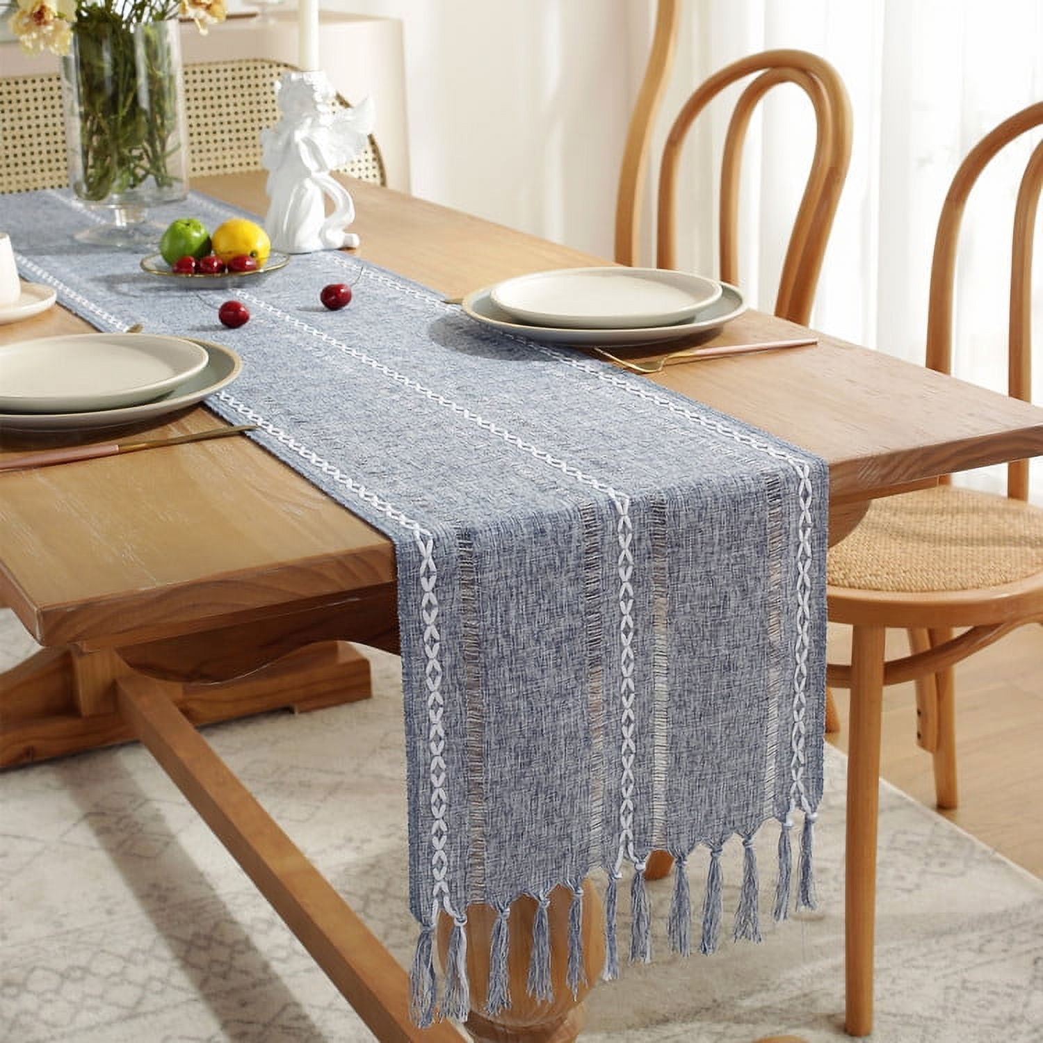 Cterwk Table Runner with Tassels, Embroidered Cotton Linen Table Runner ...