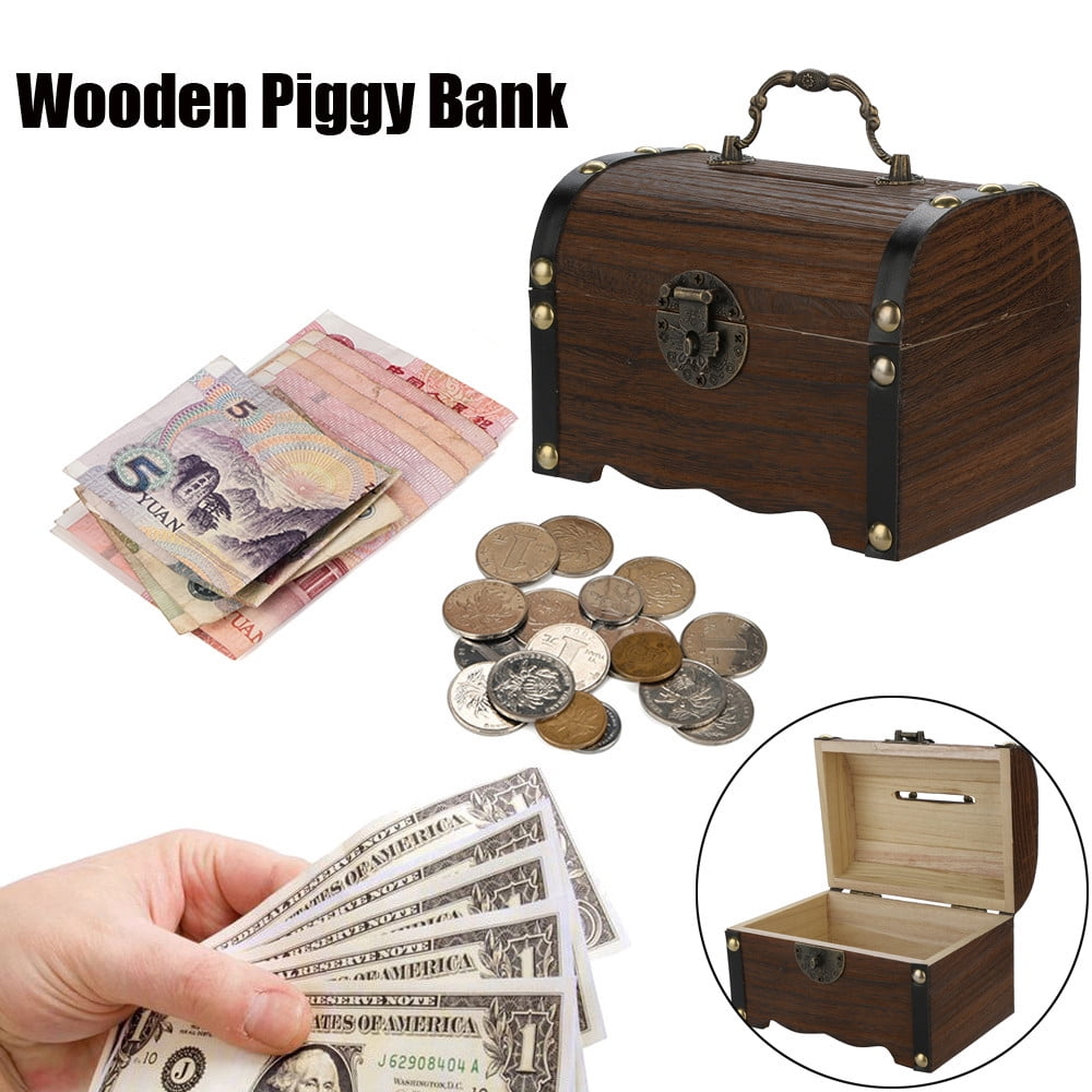 Ctnporpo Storage Case Handmade Box Wooden Wood Bank with Lock Savings ...