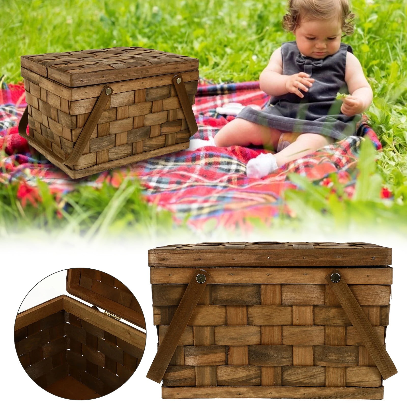 Ctnporpo Wood Chip Woven Picnic Basket with Lid for Storage Hand le ...