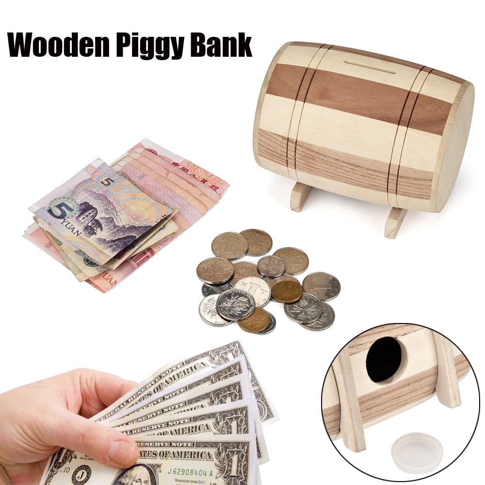 Ctnporpo Wooden Piggy Bank Safe Money Box Savings Wine Barrel Wood ...