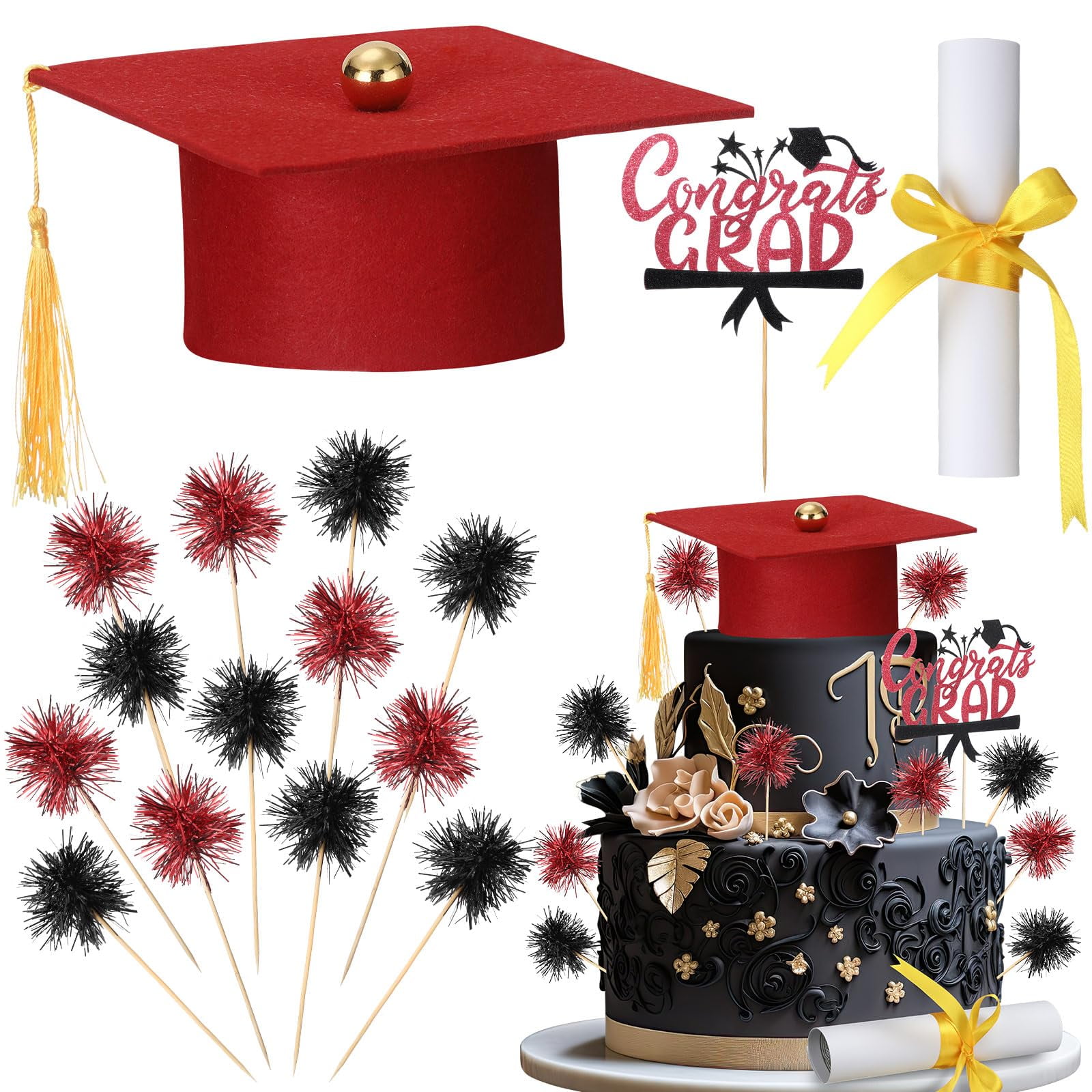 Ctosree 16 Pcs Cake Kit ITL1 Included Felt Party Supplies Cap with ...